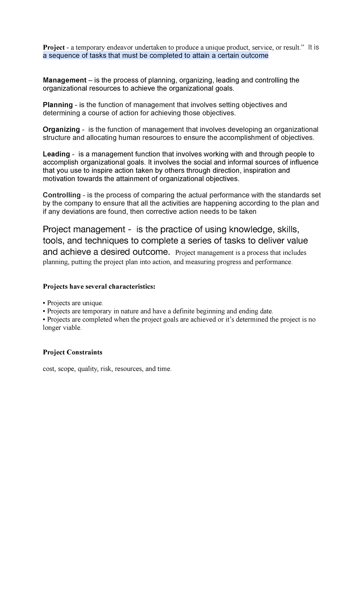 Project Management Lecture 1 - Project - a temporary endeavor ...