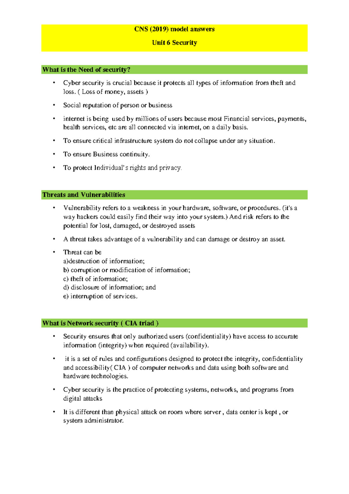 CNS model answers unit 6 - CNS (2019) model answers Unit 6 Security ...
