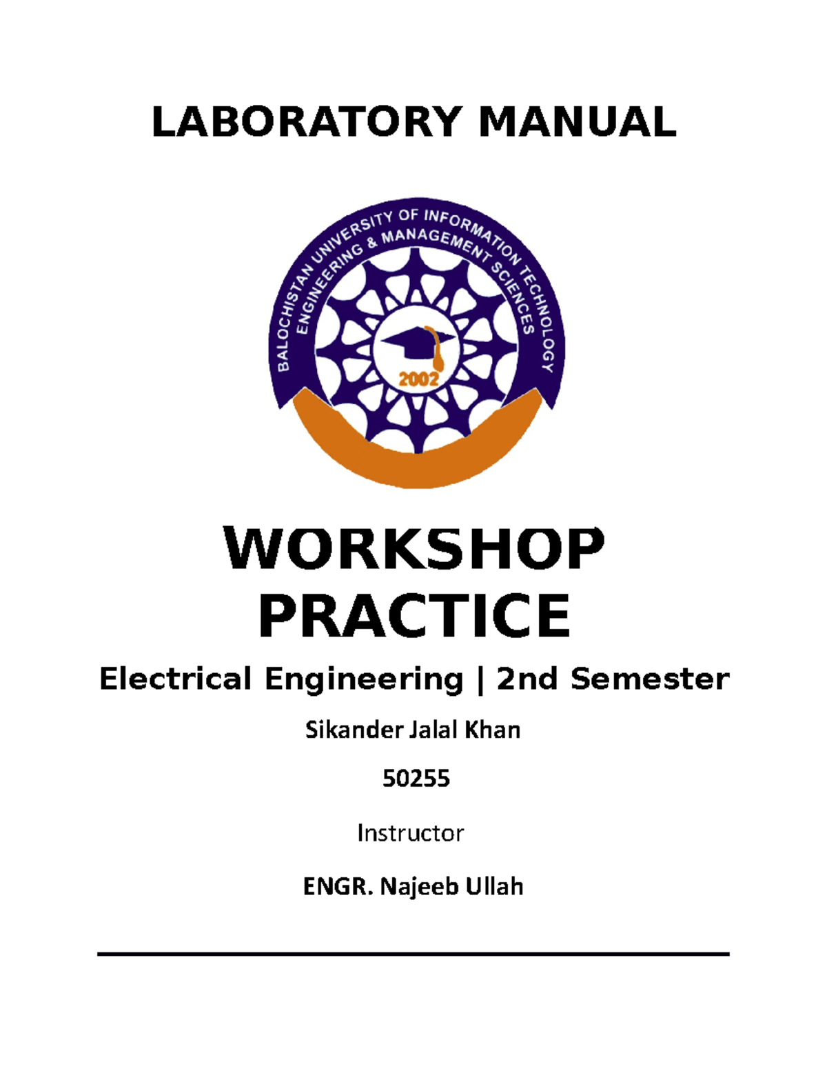 Lab No1 workshop - LABORATORY MANUAL WORKSHOP PRACTICE Electrical ...