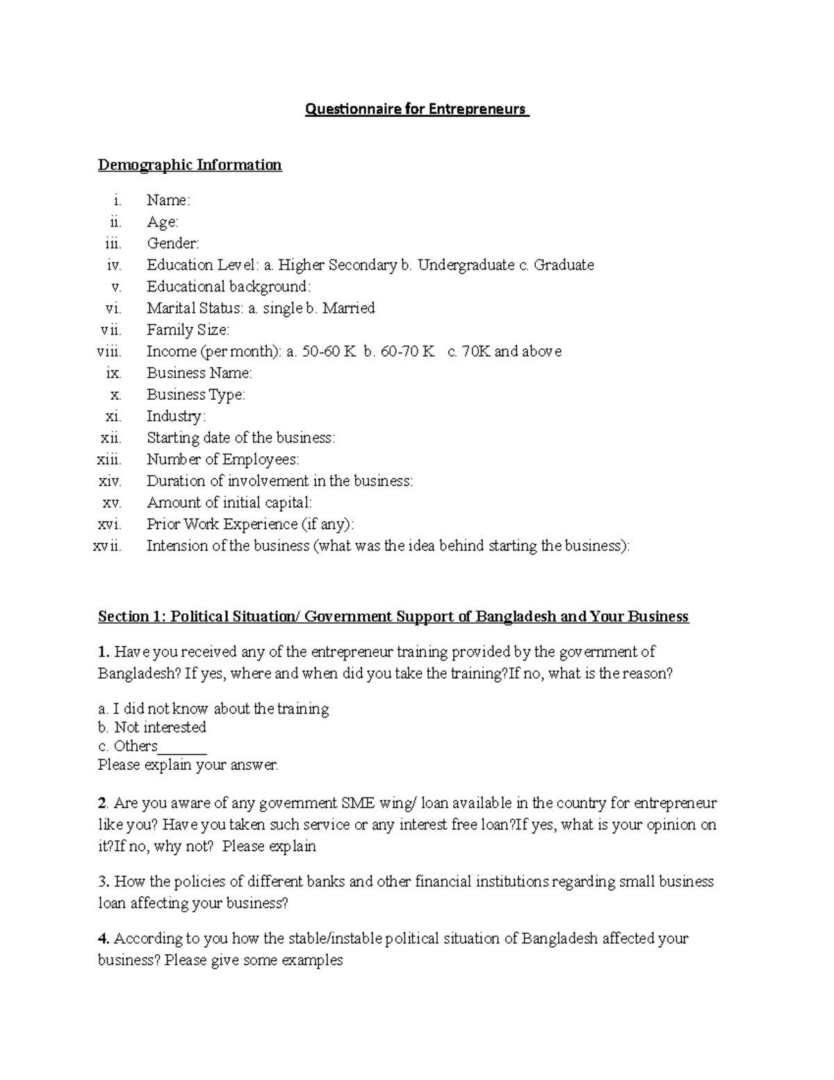 Sample Questioniare for Local Case on Business Creation - Questionnaire ...