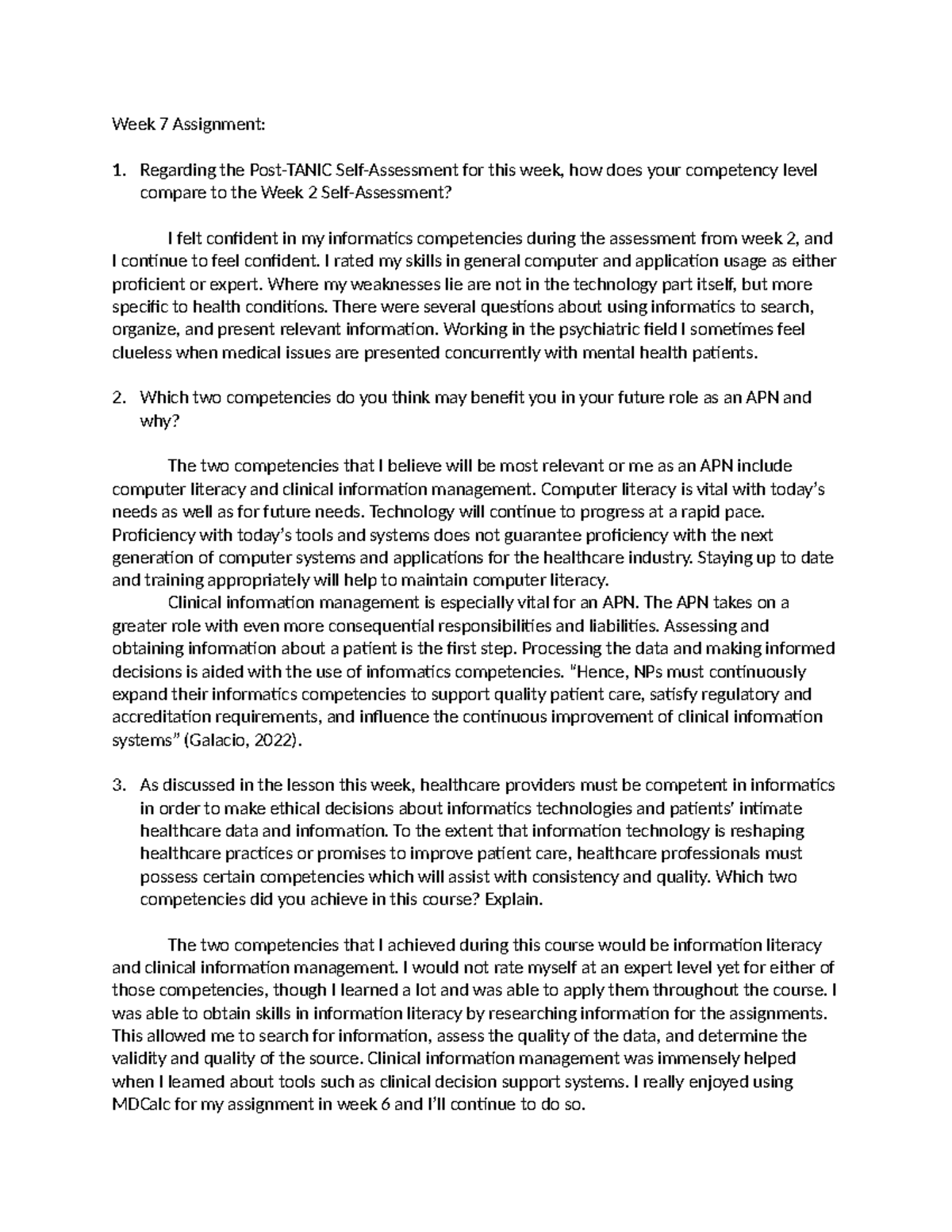 Week 7 Assignment - Week 7 post - Week 7 Assignment: Regarding the Post-TANIC Self-Assessment ...