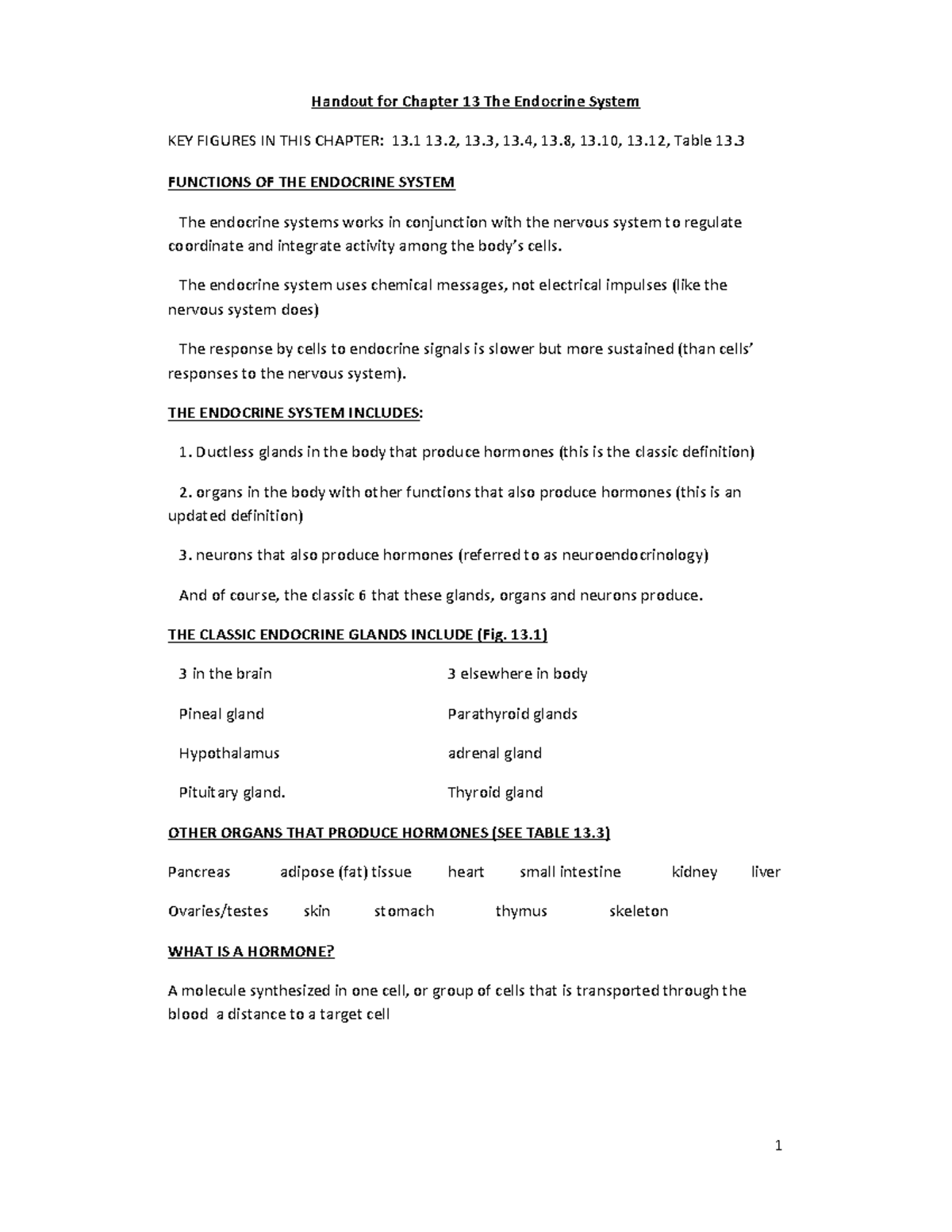 Chapter 13 Review - Handout for Chapter 13 The Endocrine System KEY ...