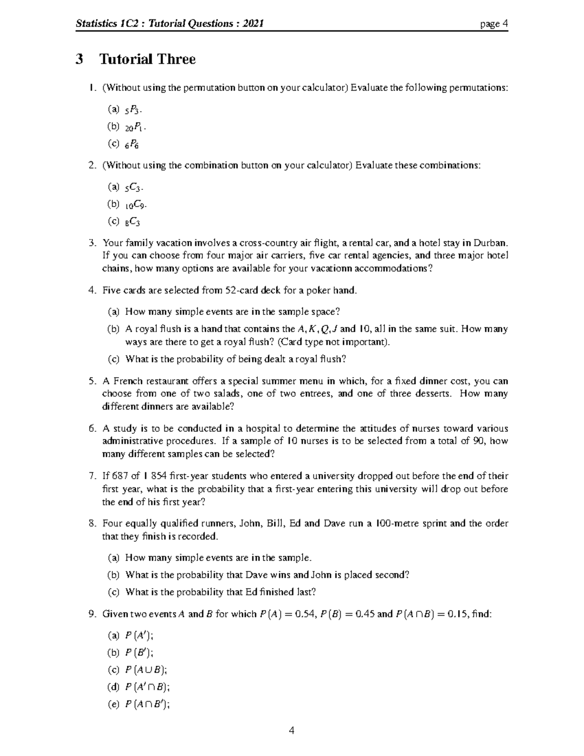Tutorials 3 Question for practise - Statistics 1C2 : Tutorial Questions ...
