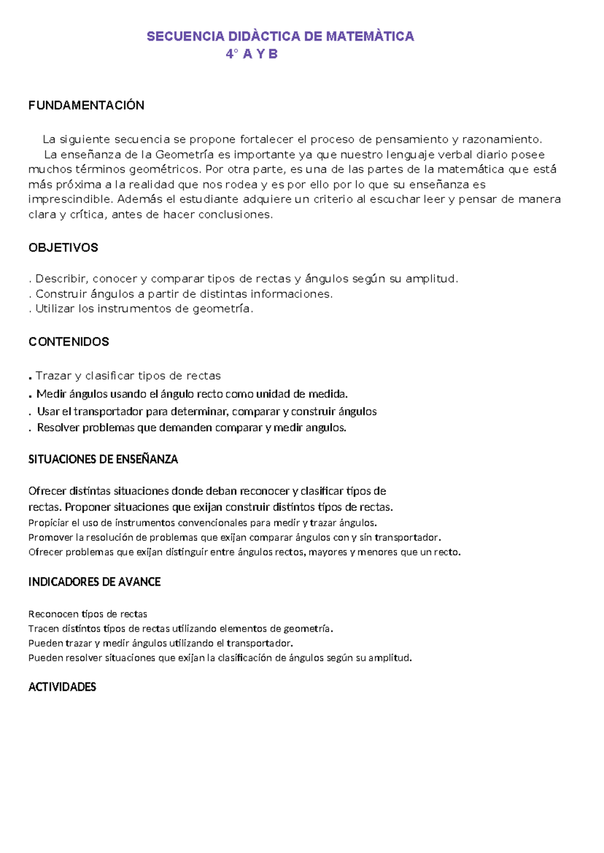 Comparto '4 °A Secuencia Angulos' contigo - SECUENCIA DIDÀCTICA DE MATEMÀTICA 4° A Y B - Studocu