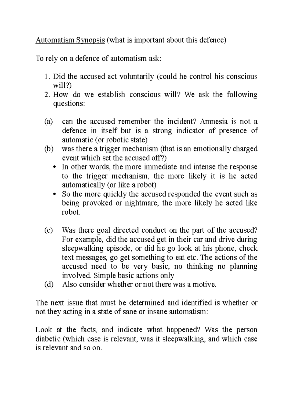 Automatism Synopsis - criminal law justification ground - Automatism ...