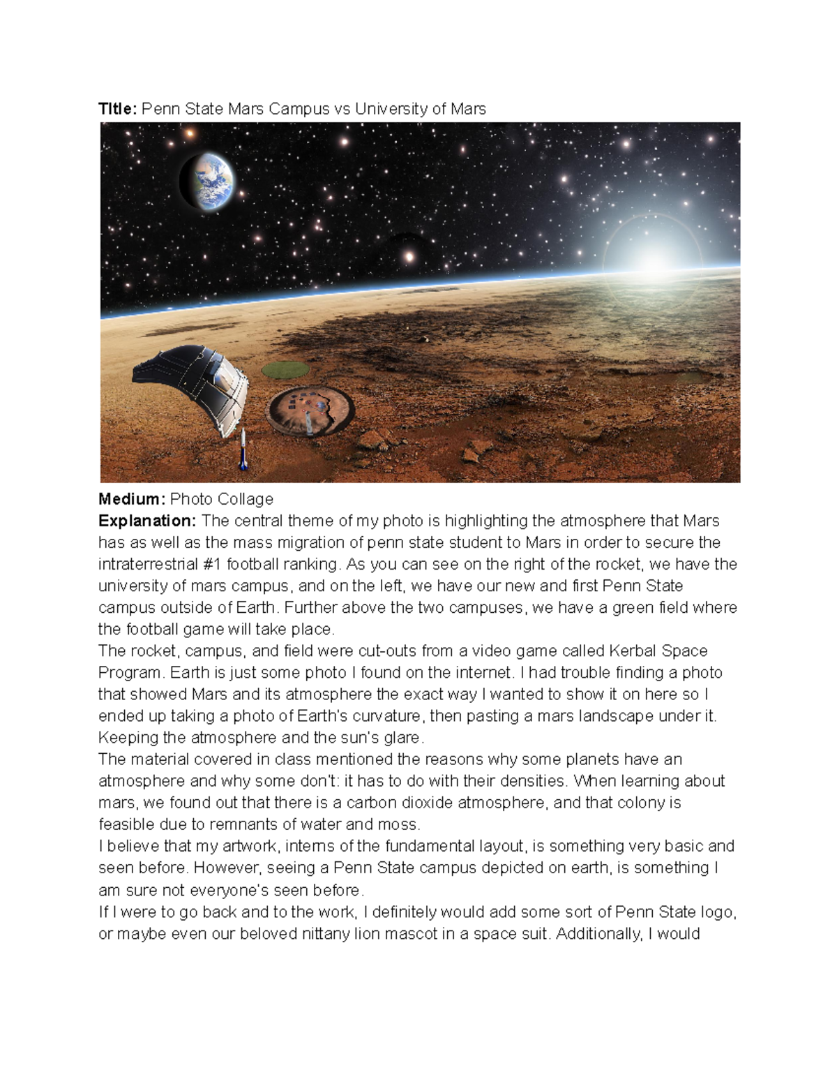 Astro 7n - Art Project 2 - TItle: Penn State Mars Campus vs University ...