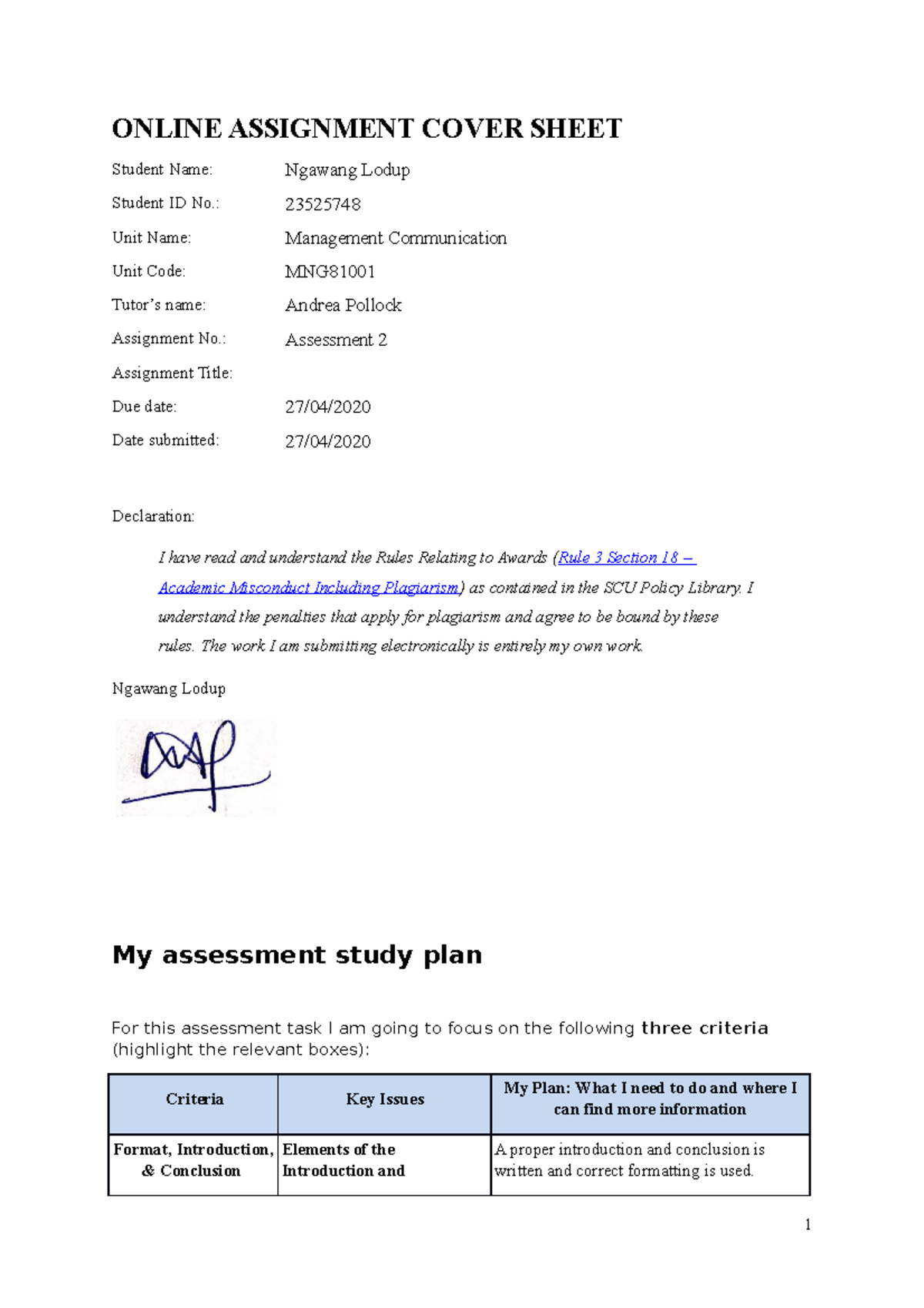 Executive Summary - ONLINE ASSIGNMENT COVER SHEET Student Name: Ngawang ...