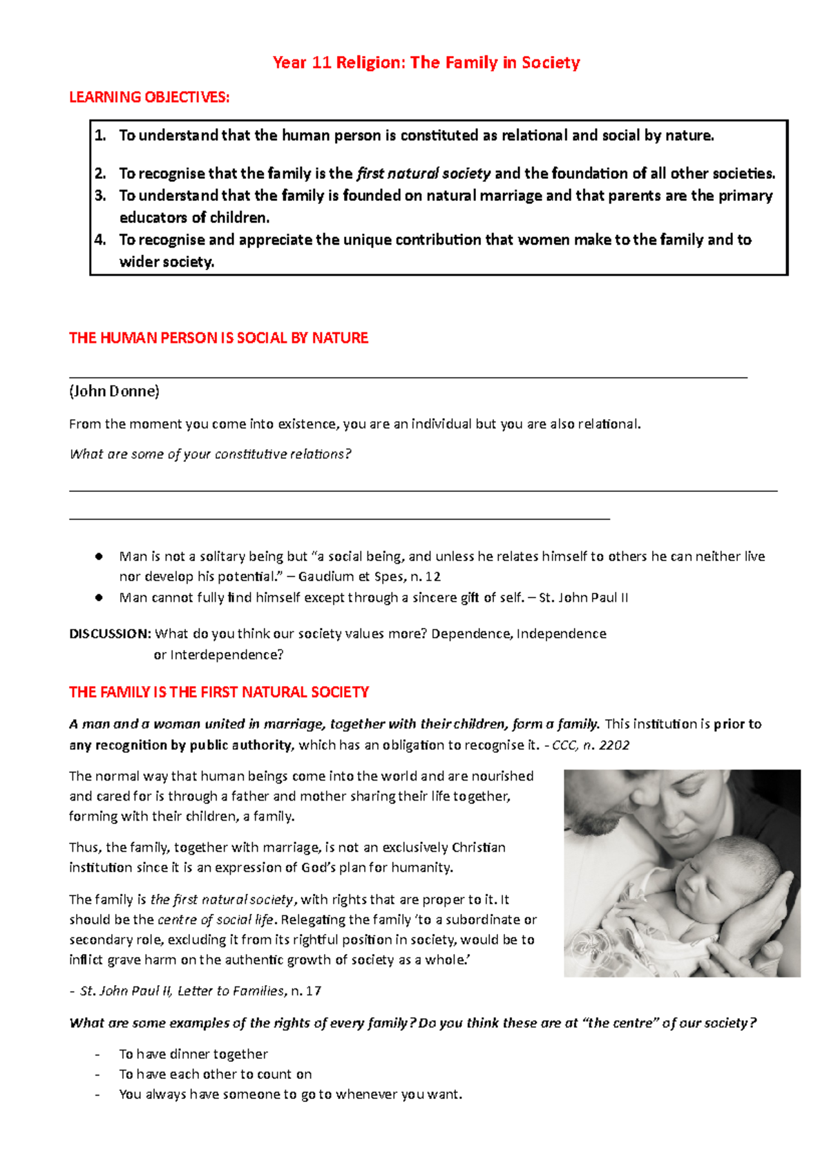 The Family - Religion - Year 11 Religion: The Family in Society ...