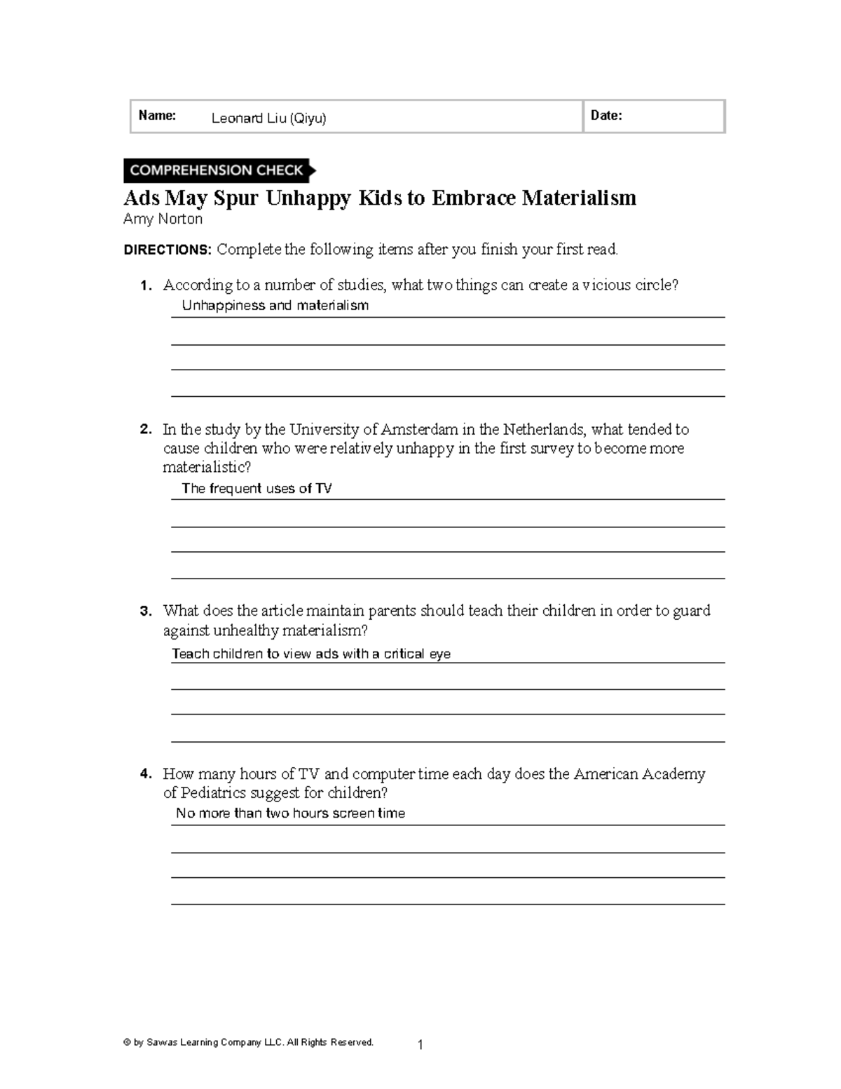 Ads May Spur... Comp Analysis Questions - Name: Date: Ads May Spur ...
