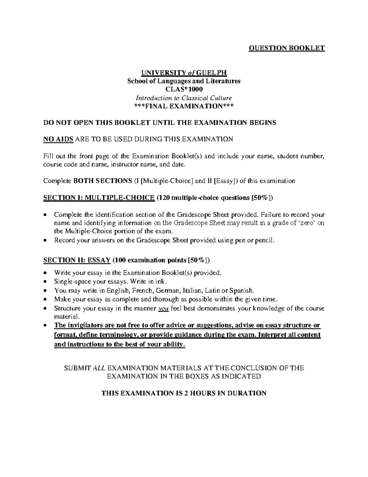 Final Exam 1000 F 23 Instructions - QUESTION BOOKLET UNIVERSITY of ...