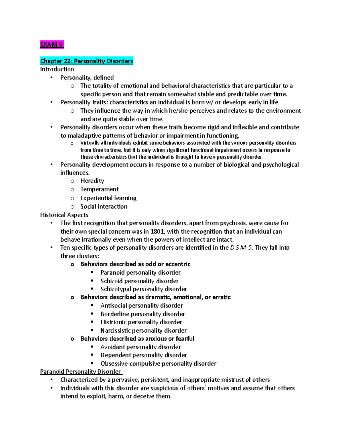22 personality disorders - EXAM 3 Chapter 22: Personality Disorders ...