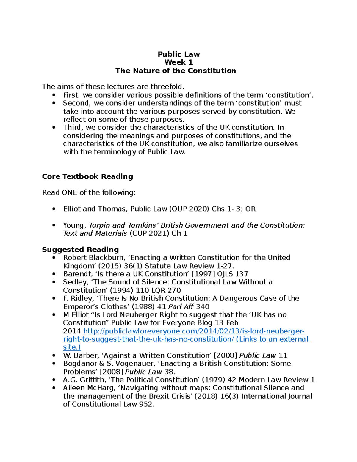 Public Law-Reading List-Week 1-Lectures - Public Law Week 1 The Nature ...