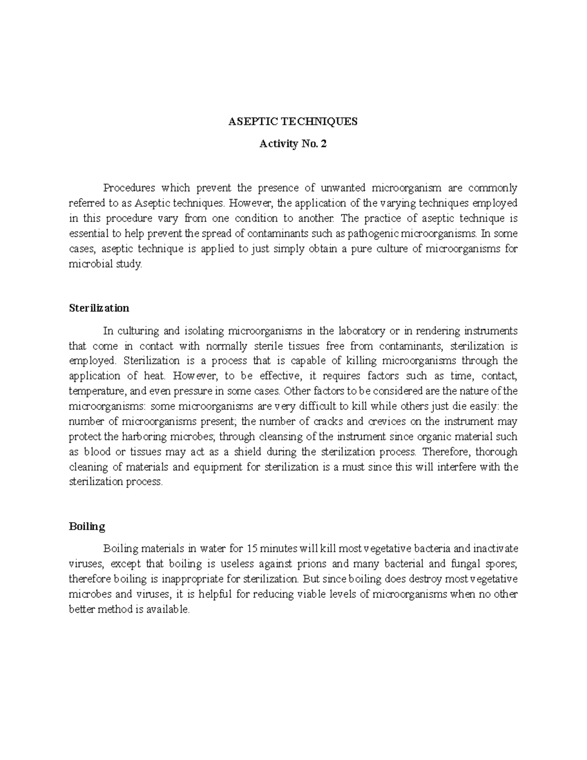 Aseptic Techniques - ASEPTIC TECHNIQUES Activity No. 2 Procedures which ...