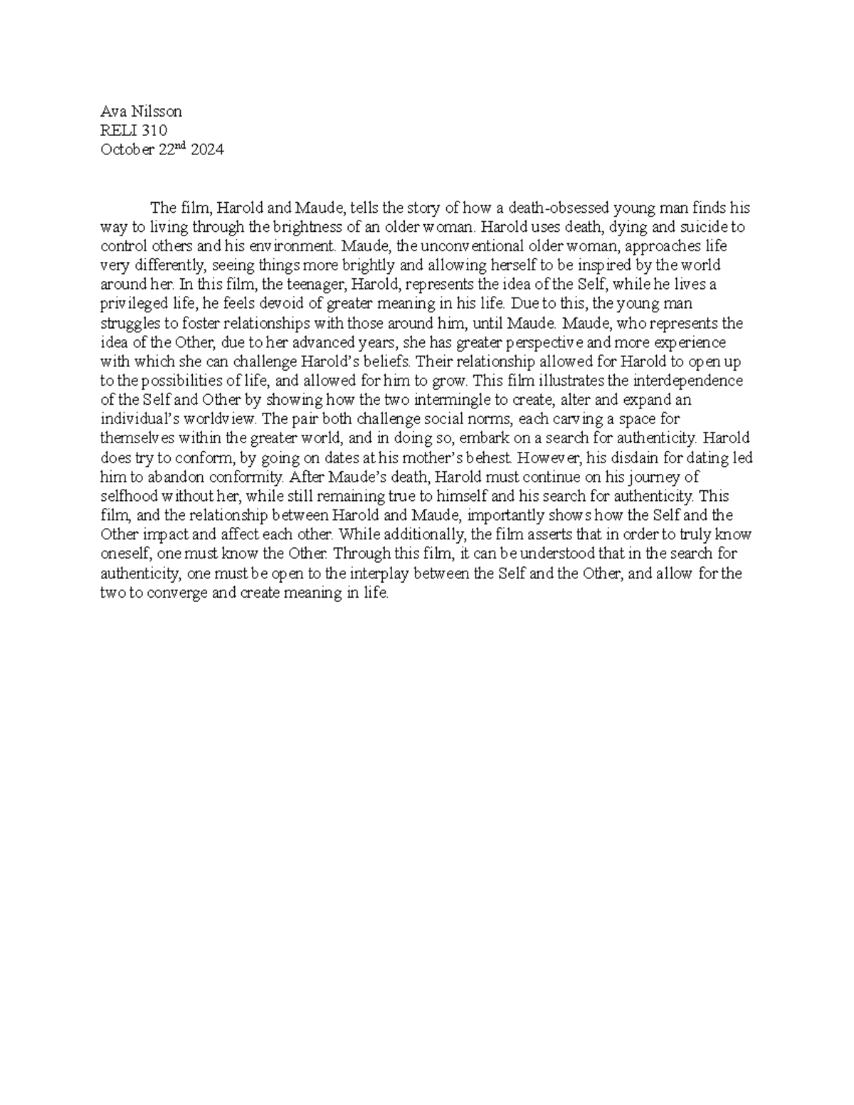 Reli 310 movie response - Ava Nilsson RELI 310 October 22nd 2024 The ...