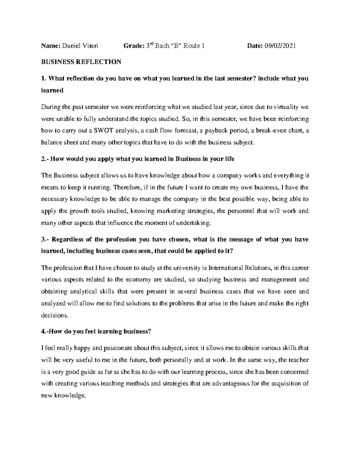 Business Reflection - deber - Name: Daniel Viteri Grade: 3 rd Bach “B ...