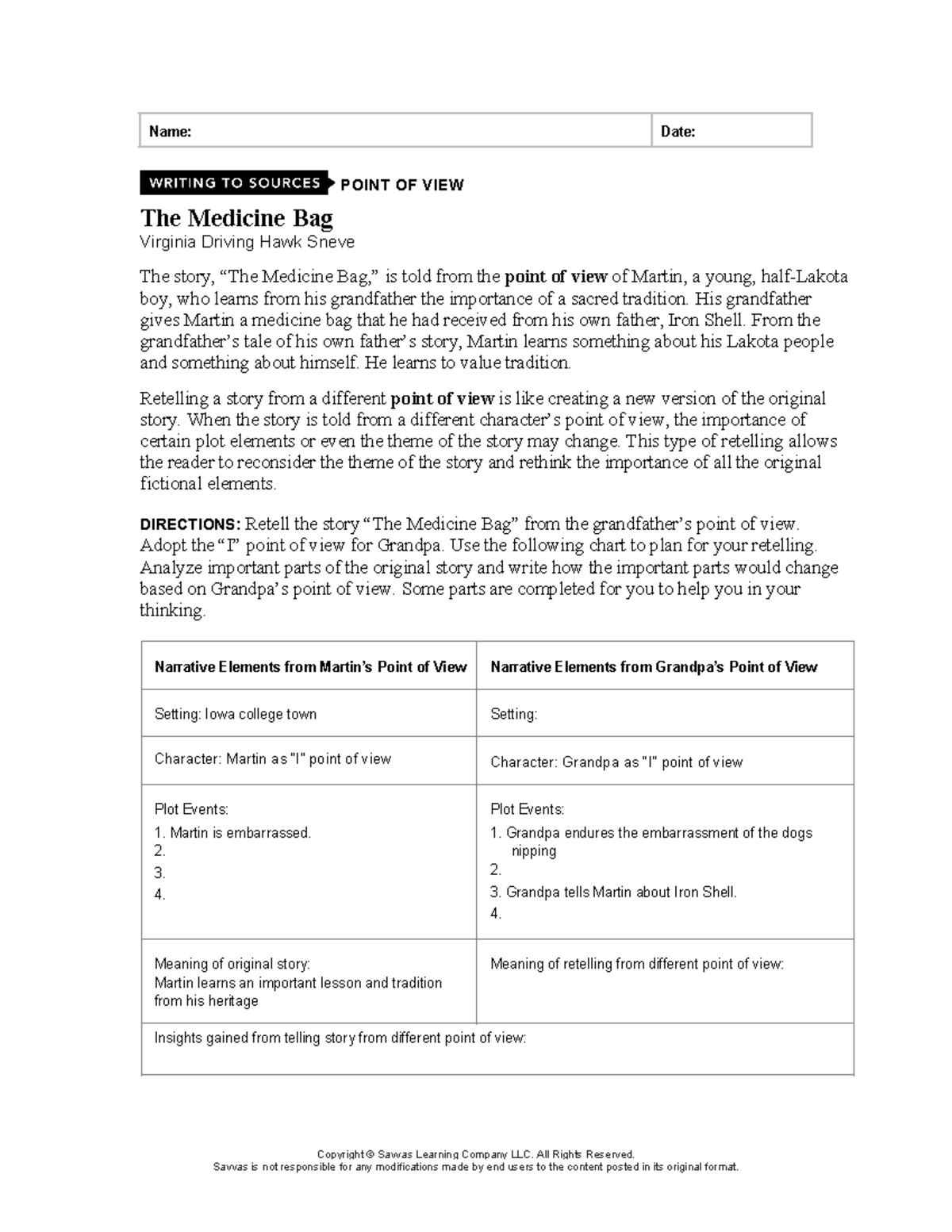 Writing to Sources POV The Medicine Bag - Name: Date: POINT OF VIEW The ...