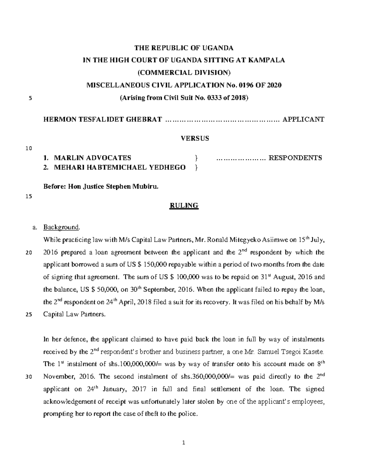 03 MA 0196 2020 Hermon Tesfalidet v Marlin Advocates - THE REPUBLIC OF ...