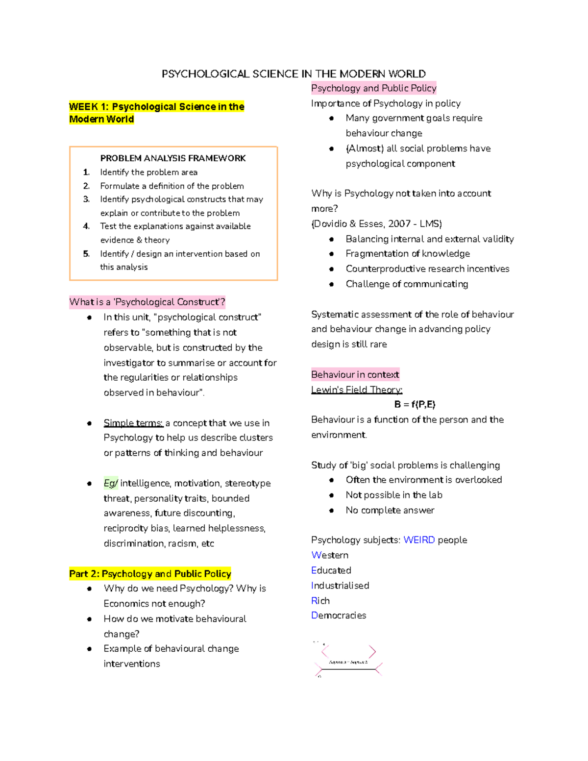 PSYC3303 Lecture Notes - PSYCHOLOGICAL SCIENCE IN THE MODERN WORLD WEEK ...