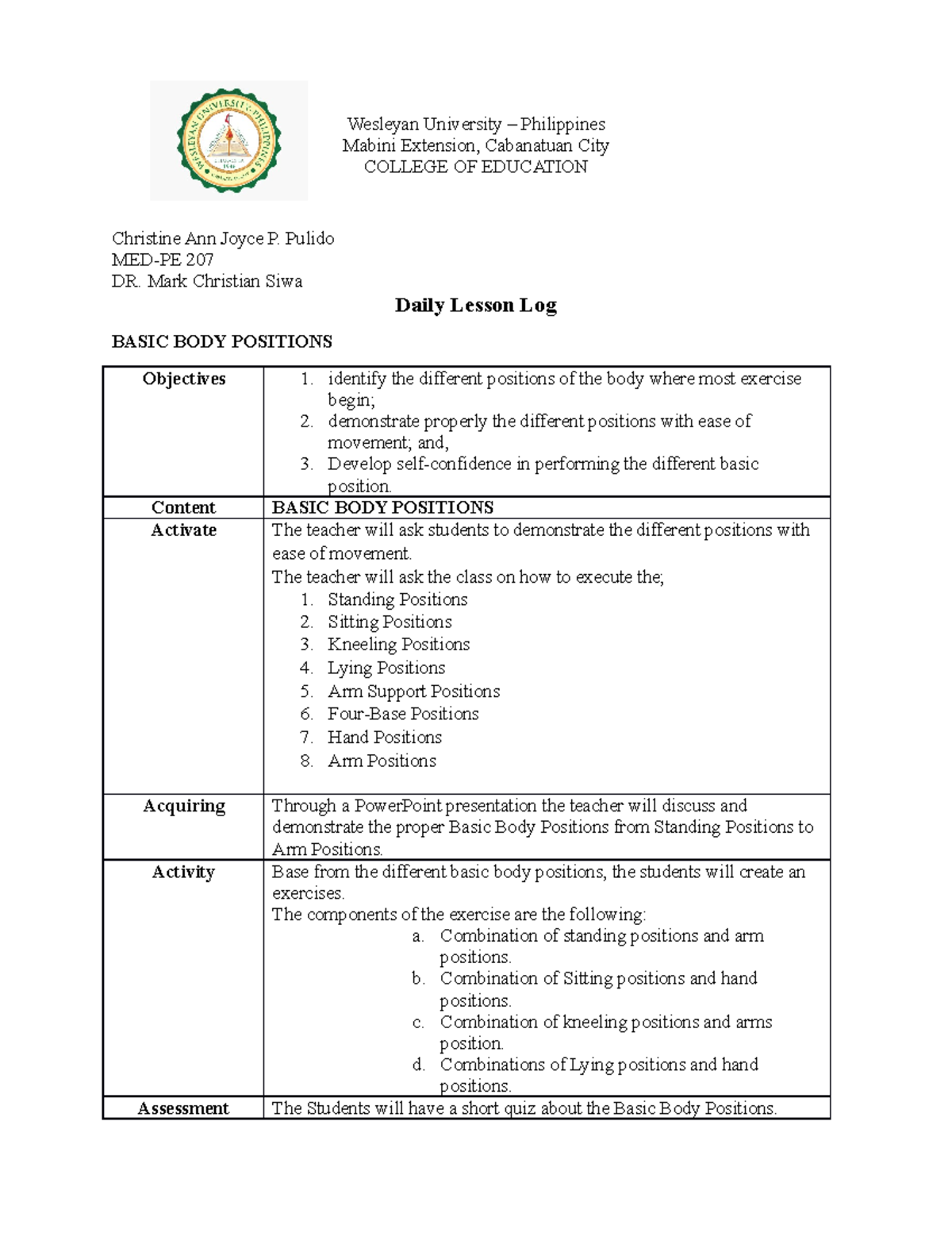 CAJ Pulido- DLL - Sample Daily Lesson Log - Wesleyan University – Philippines Mabini Extension ...