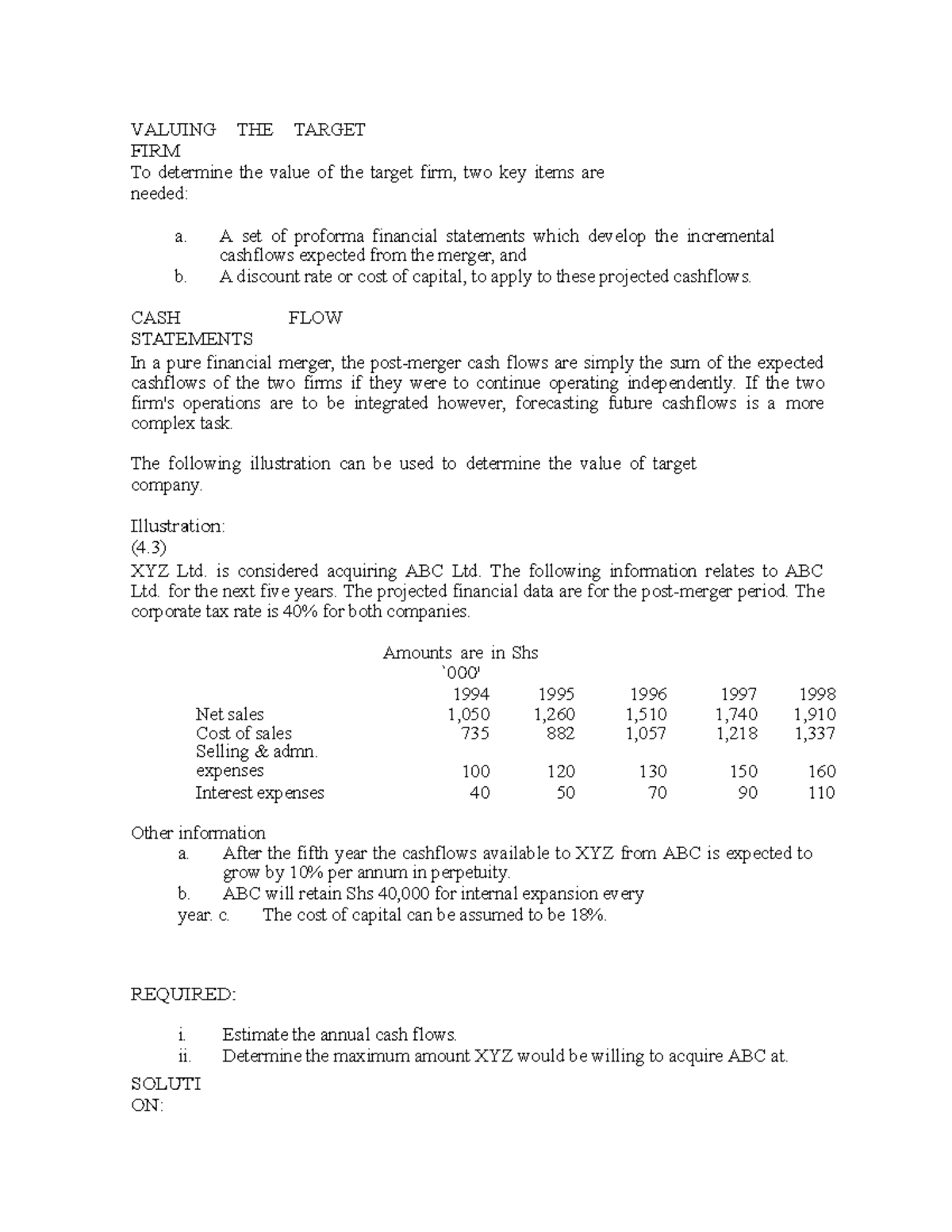 Valuing the Target Firm: Proforma Financial Statements and Cash Flow ...