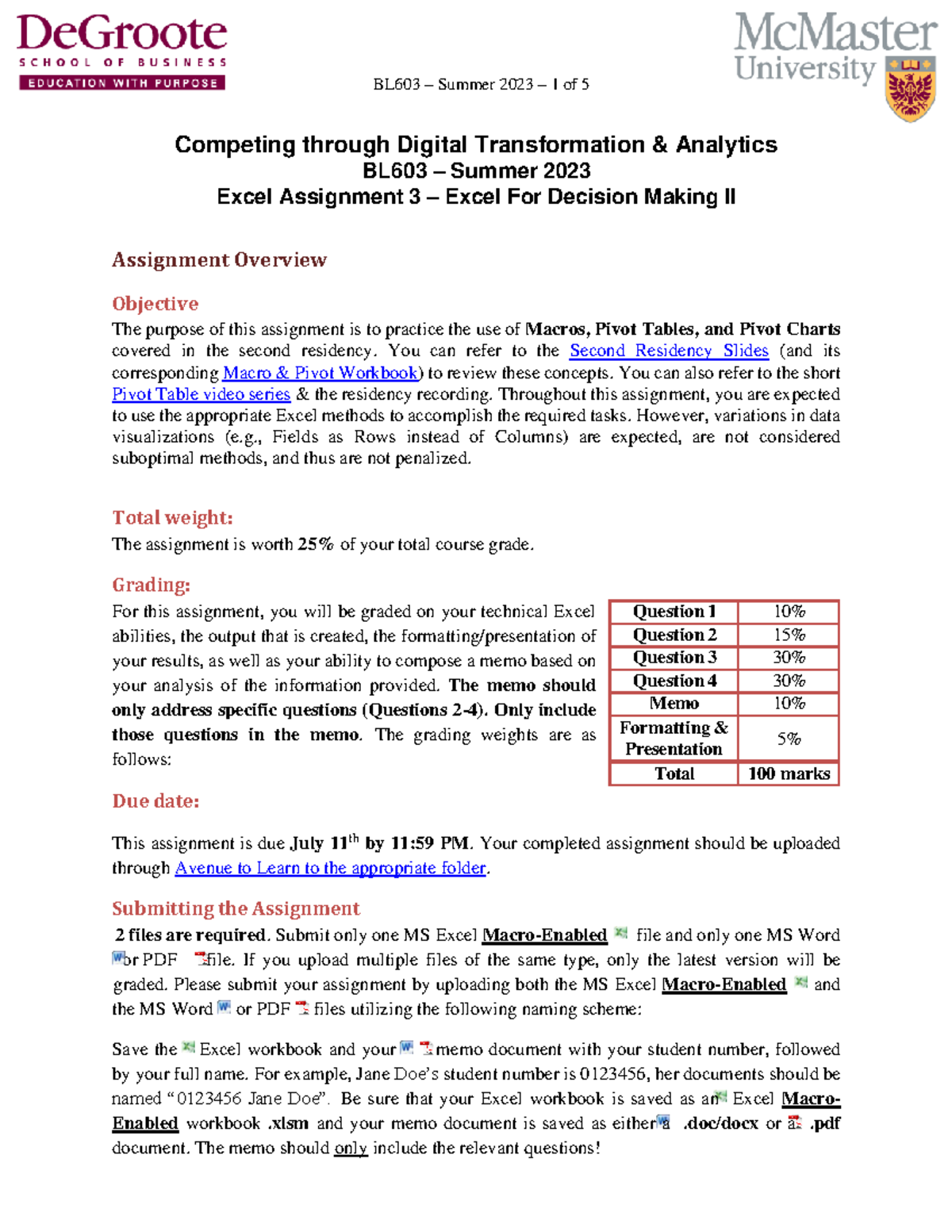 Excel Assignment 3 Instructions - Competing through Digital ...