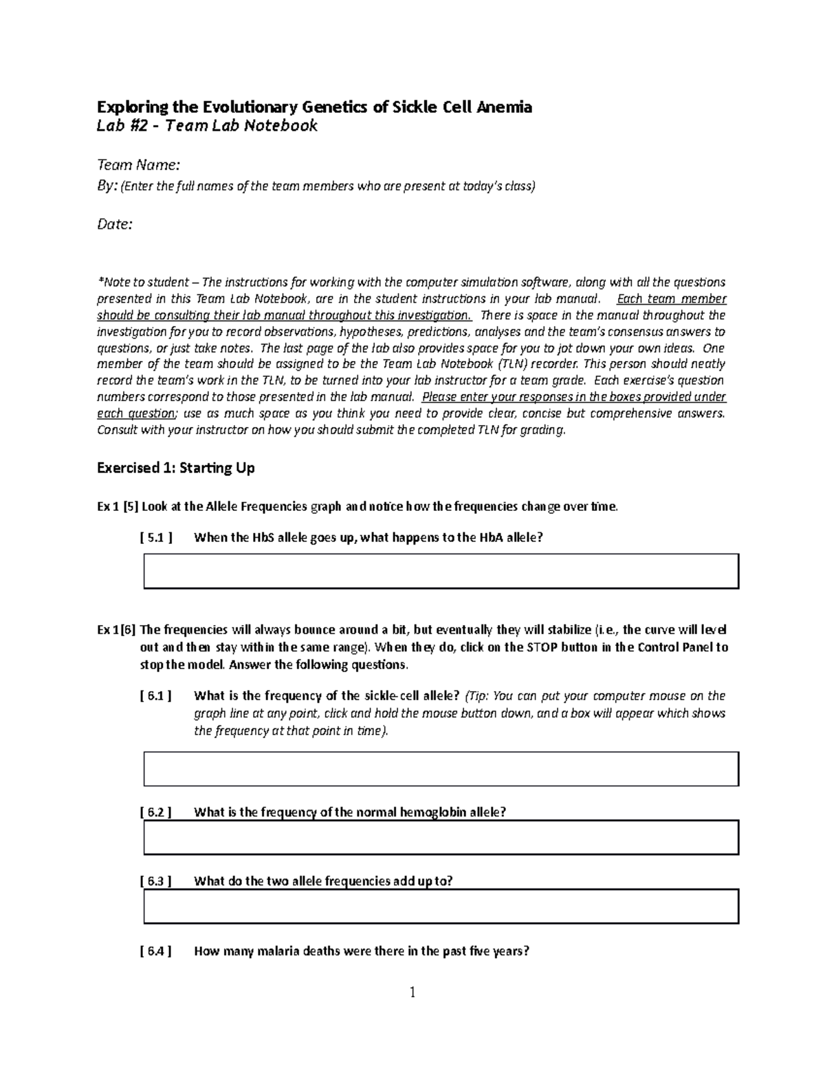 Lab 2- Sickle Cell Alleles TLN - Exploring the Evolutionary Genetics of ...