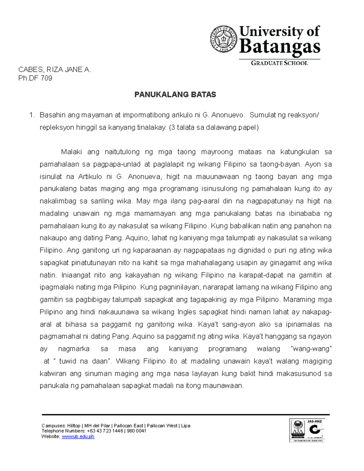 Ph.DF709- Cabes,RIZA JANE A- Panukalang Batas - CABES, RIZA JANE A. Ph ...