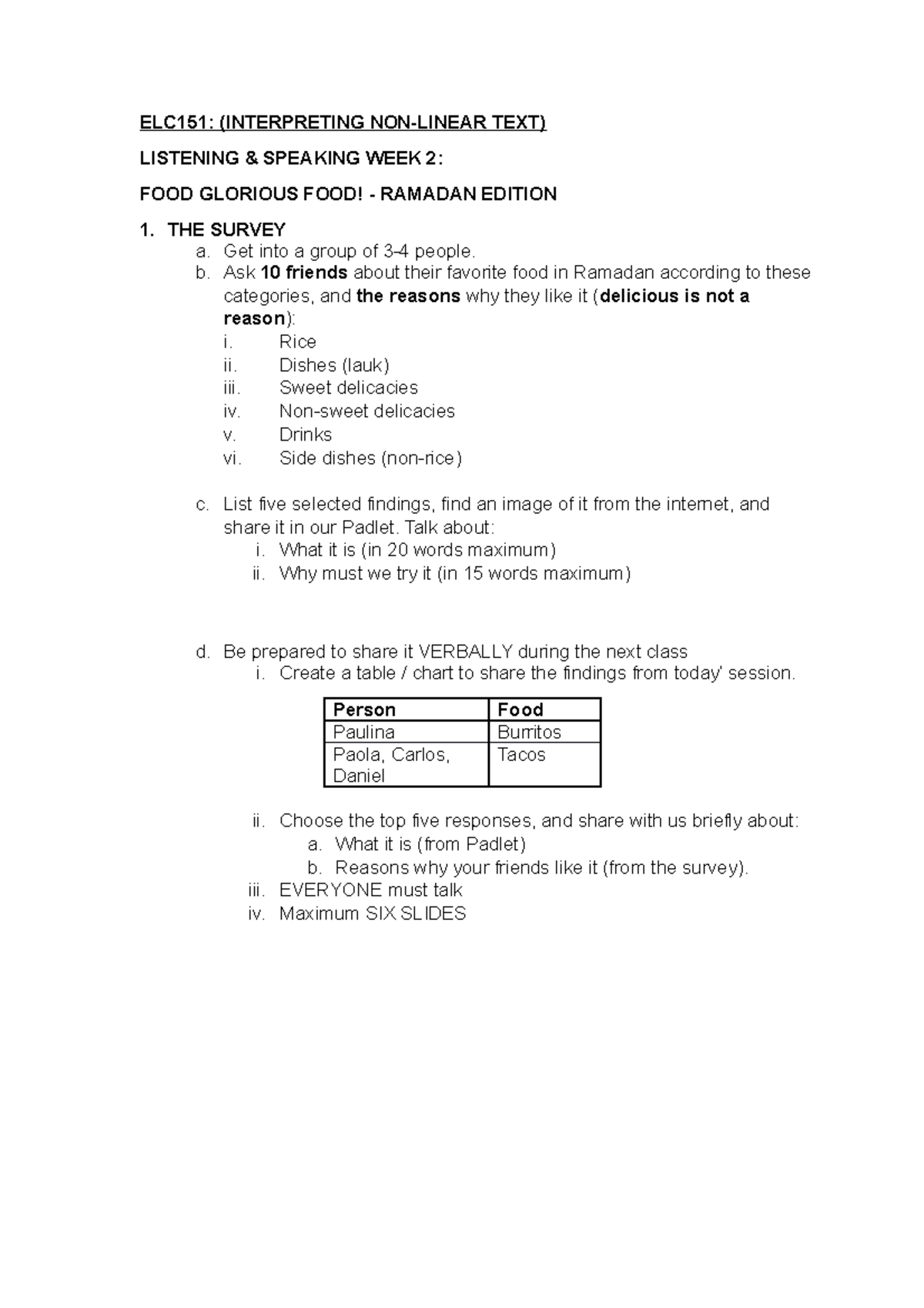 Food Glorious Food Task Sheet - ELC151: (INTERPRETING NON-LINEAR TEXT ...