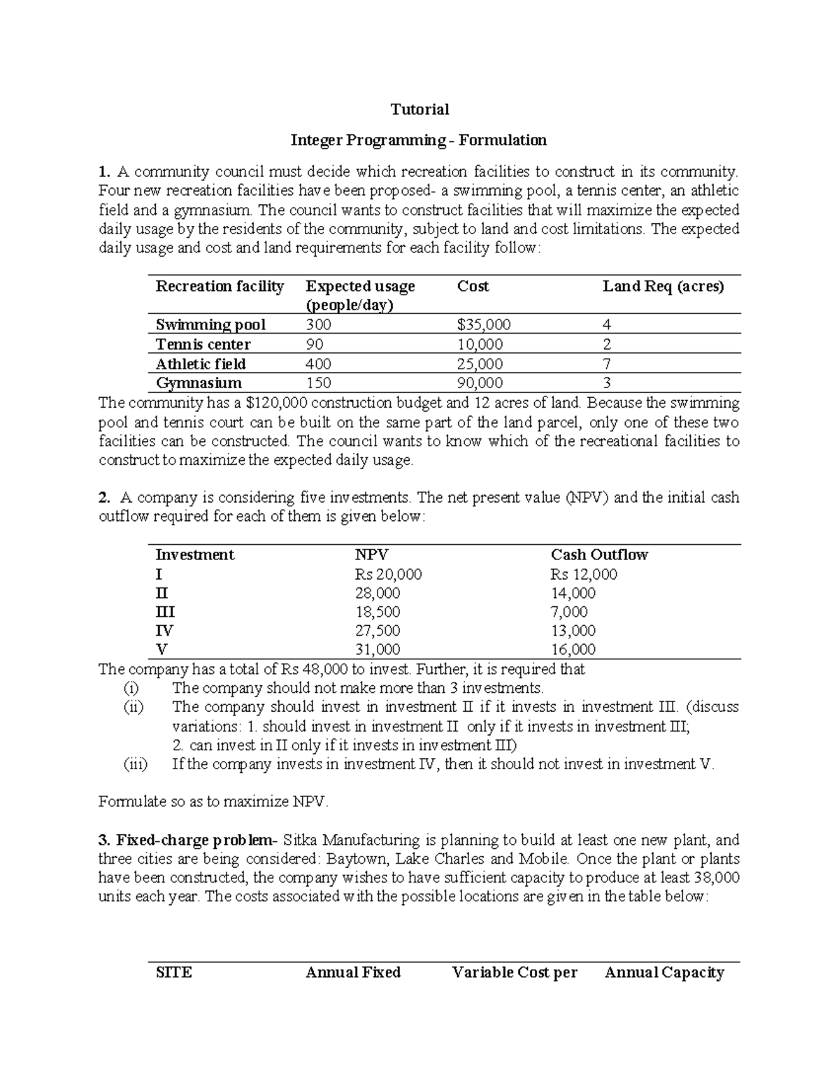Quantitative Methods - Tutorial Integer Programming - Formulation A community council must ...