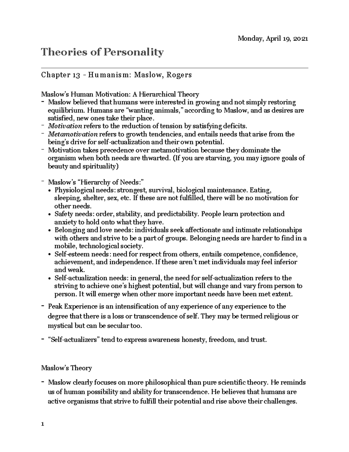 Theories of Personality Chapter 13 Notes - Maslow, Rogers - Theories of ...