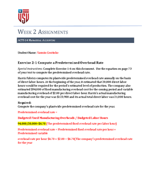 ACT5145 Week 2 Assignments - WEEK 2 ASSIGNMENTS ACT514 MANAGERIAL ACCOUNTING Student Name: - Studocu