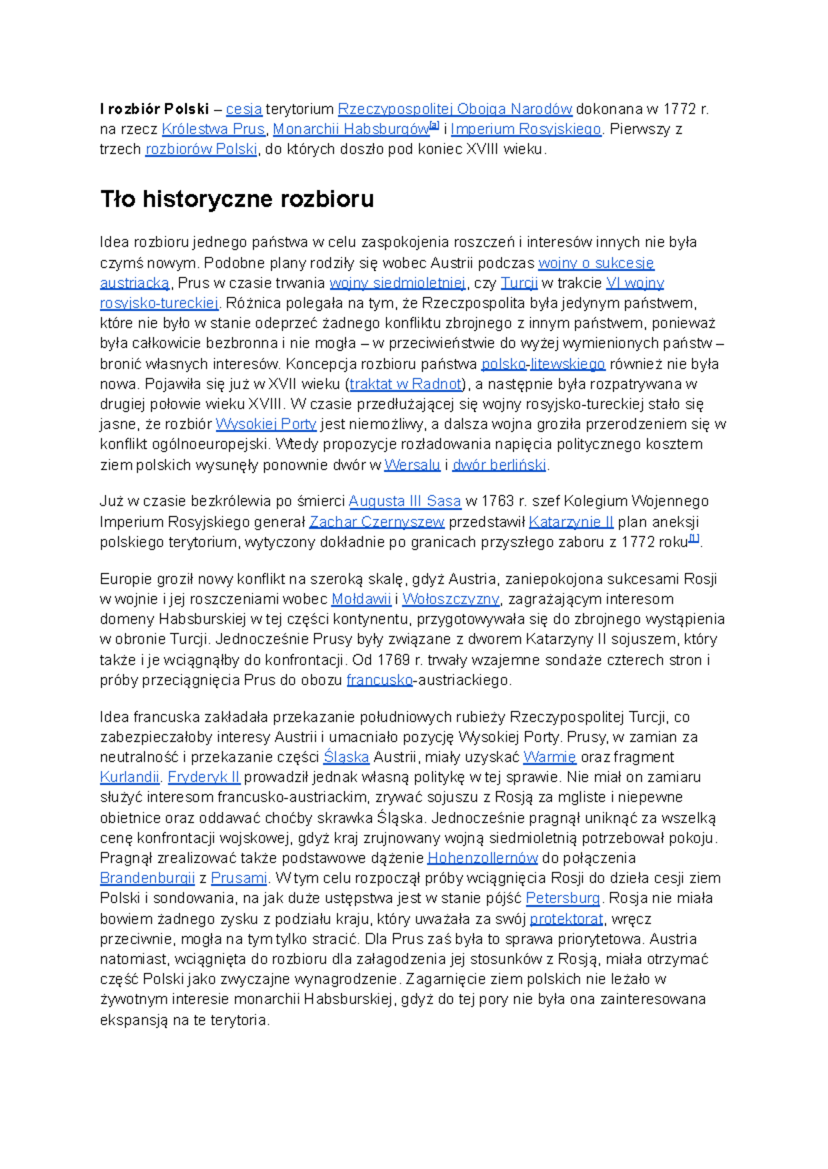 I rozbiór Polski - I rozbiór Polski – cesja terytorium Rzeczypospolitej ...