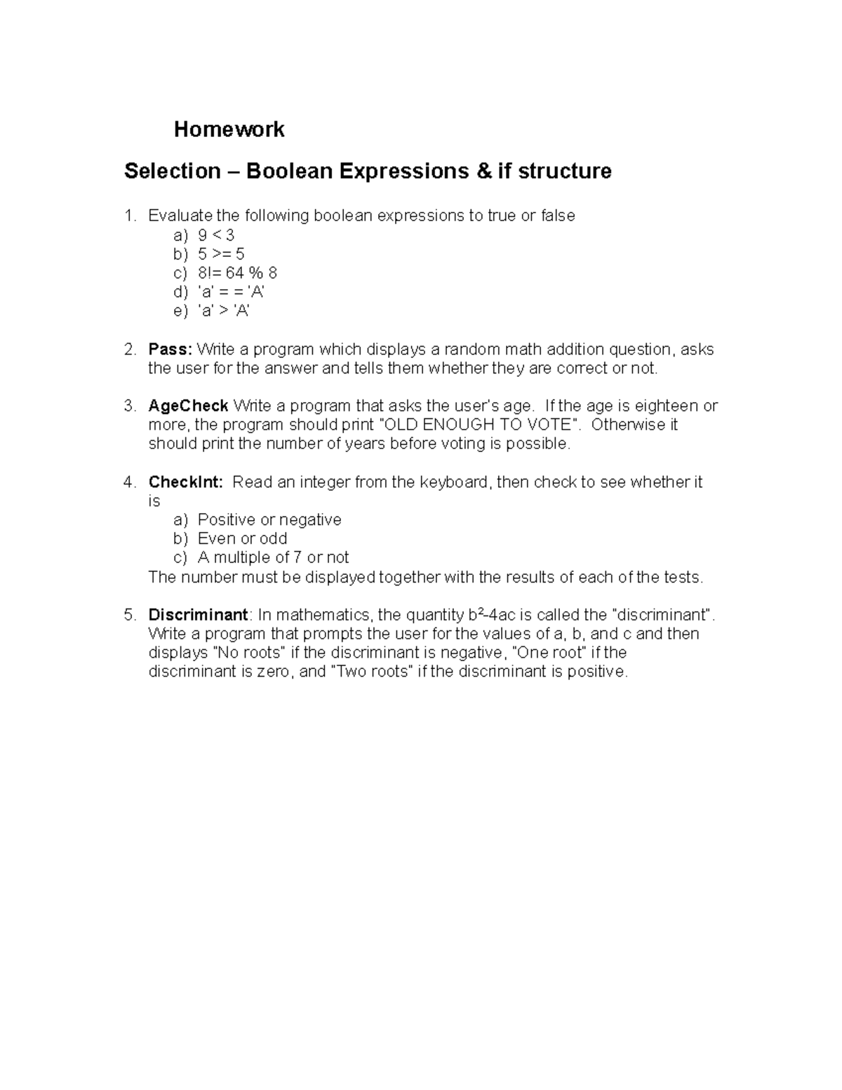 Copy of 11 Selection - sadfas - Homework Selection – Boolean Expressions & if structure Evaluate ...