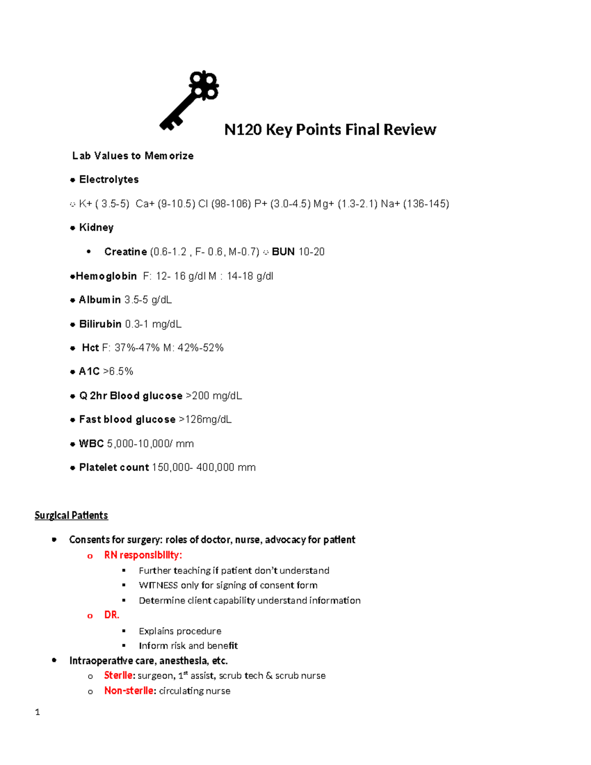 Study guide MS1 - N120 Key Points Final Review Lab Values to Memorize ...