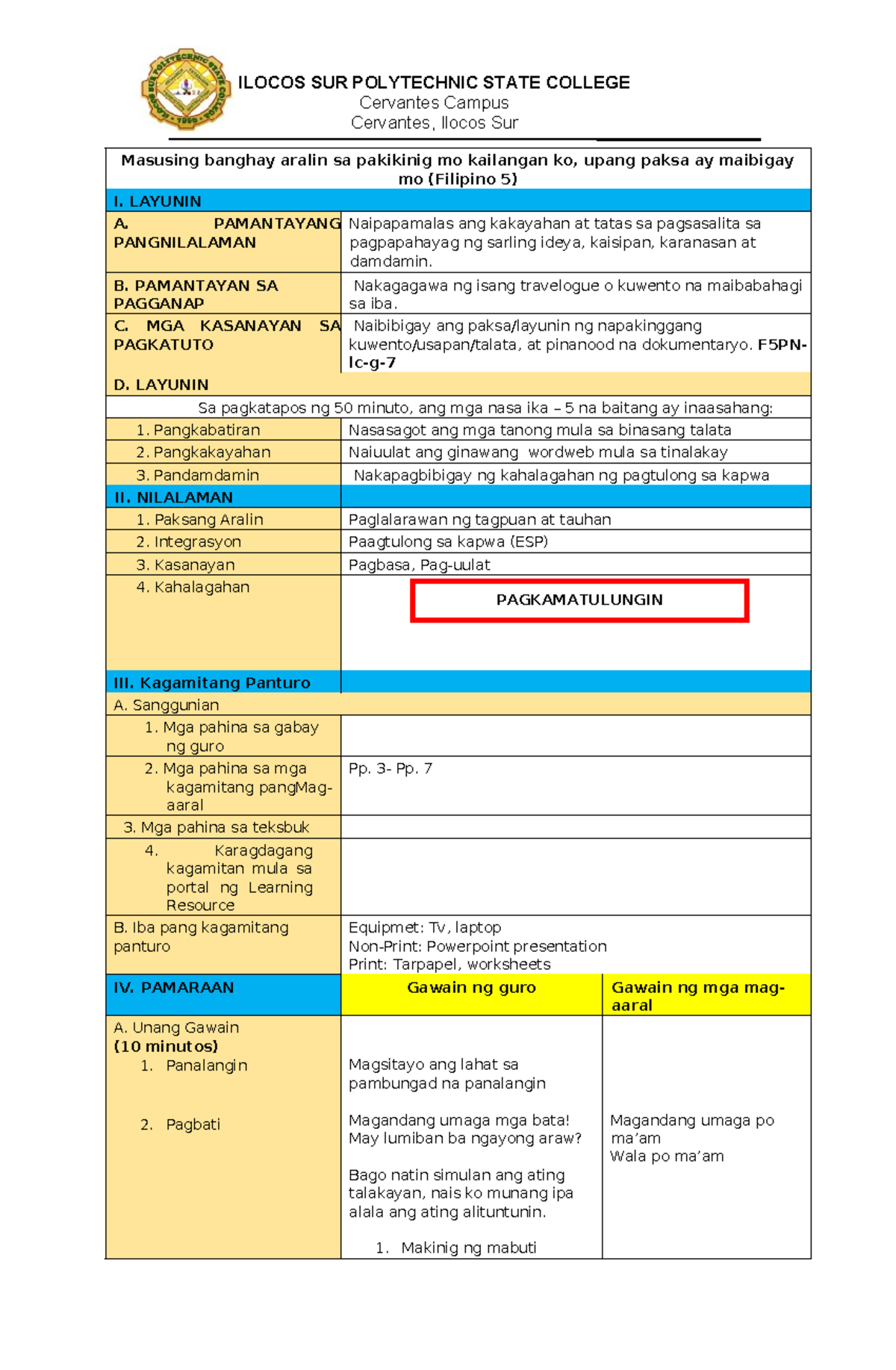 LP 36 Filipino 5 ST - Lesson plan - Cervantes Campus Cervantes, Ilocos ...