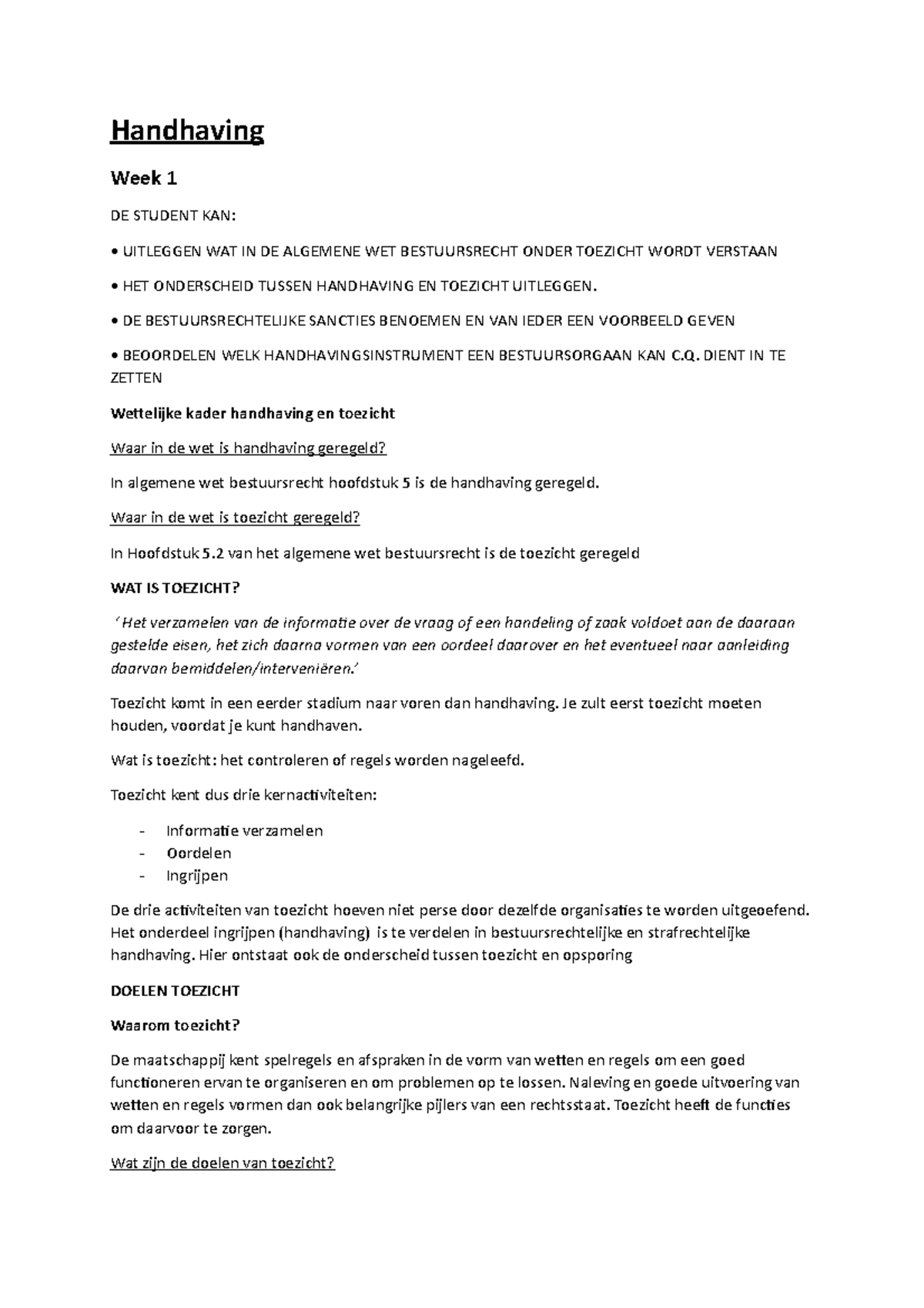 Samenvatting handhaving - Handhaving Week 1 DE STUDENT KAN: • UITLEGGEN ...