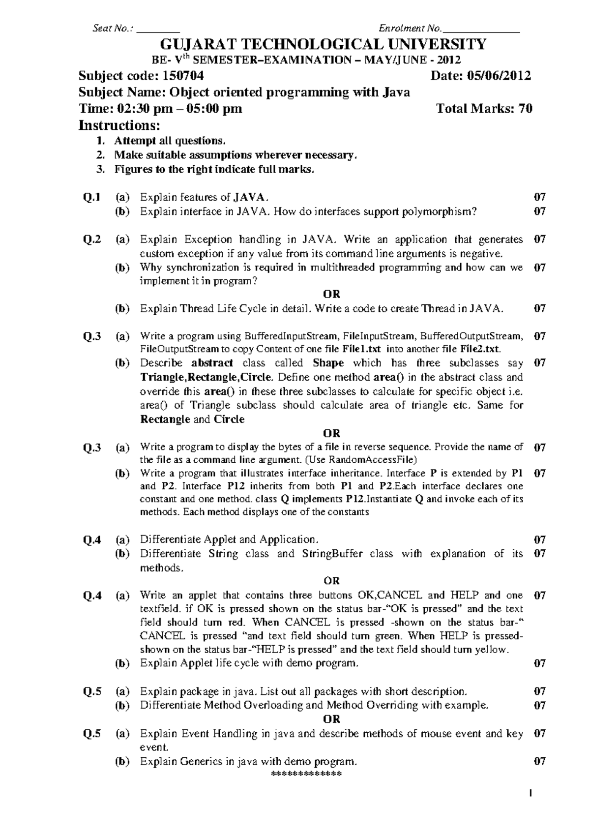 150512-150704-Object Oriented Programming With Java - 1 Seat No.: ________ Enrolment - Studocu