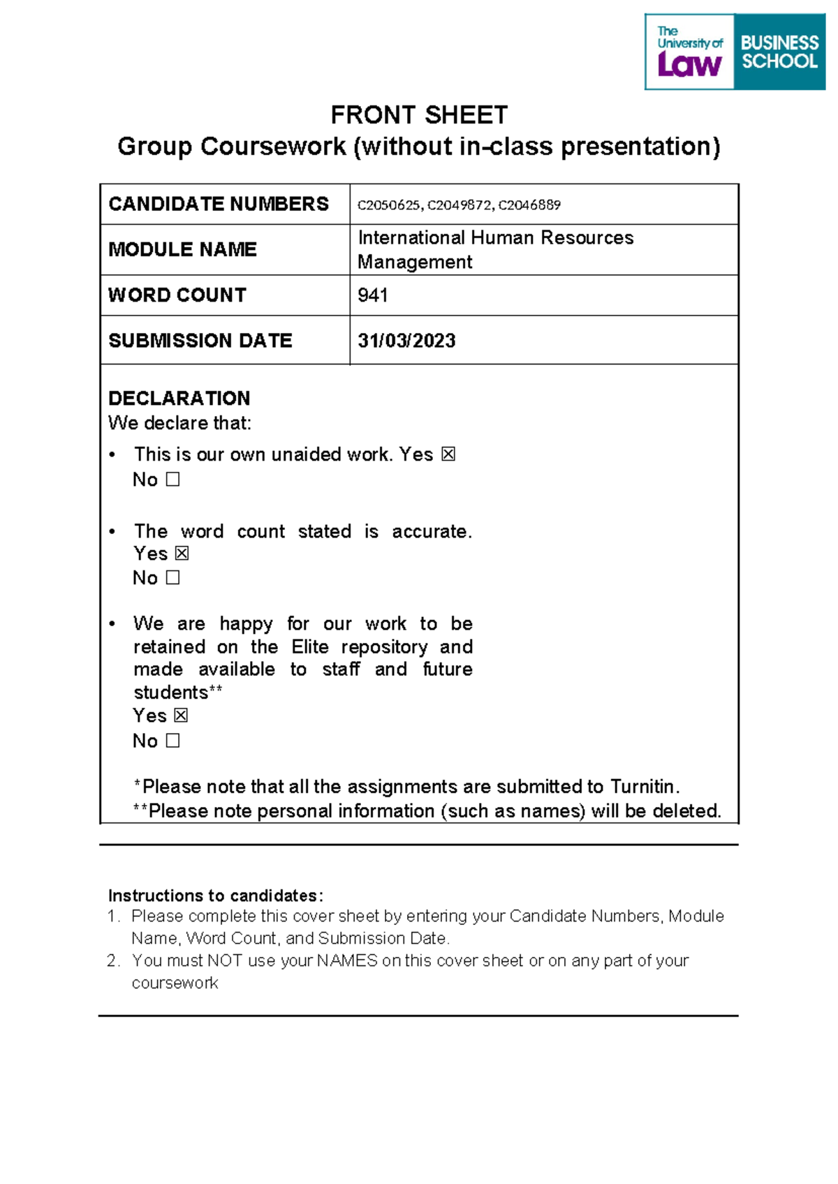 IHRM Coursework - FRONT SHEET Group Coursework (without in-class ...