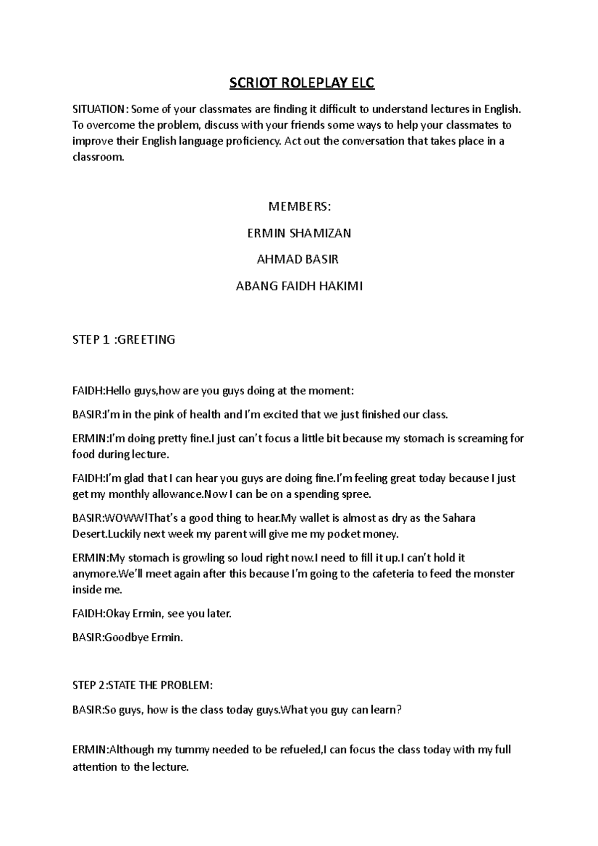 Scriot Roleplay ELC 3 - SCRIOT ROLEPLAY ELC SITUATION: Some of your ...