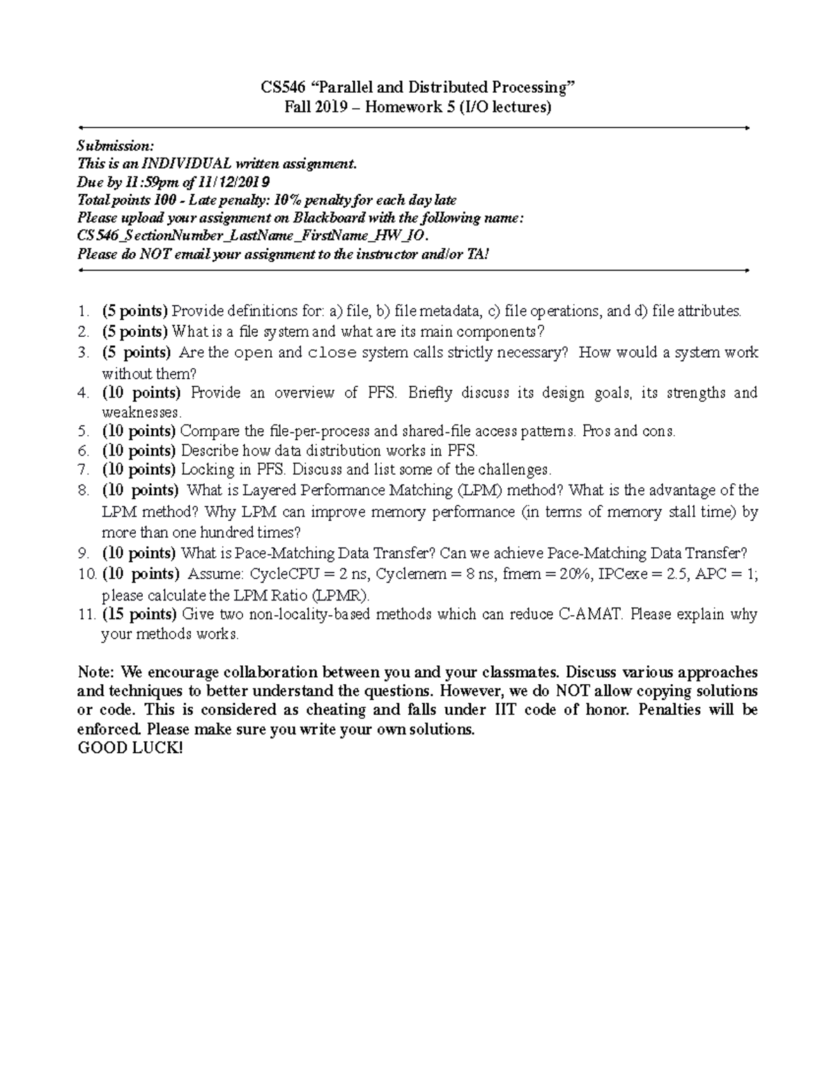 Homework Assignment 5 Cs546 “parallel And Distributed Processing” Fall 2019 Homework 5 I O