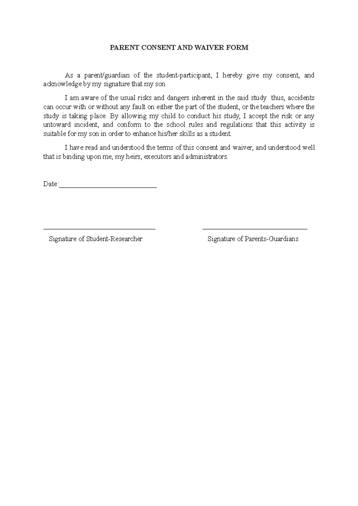 DISS M3 - jakakaka - PARENT CONSENT AND WAIVER FORM As a parent ...