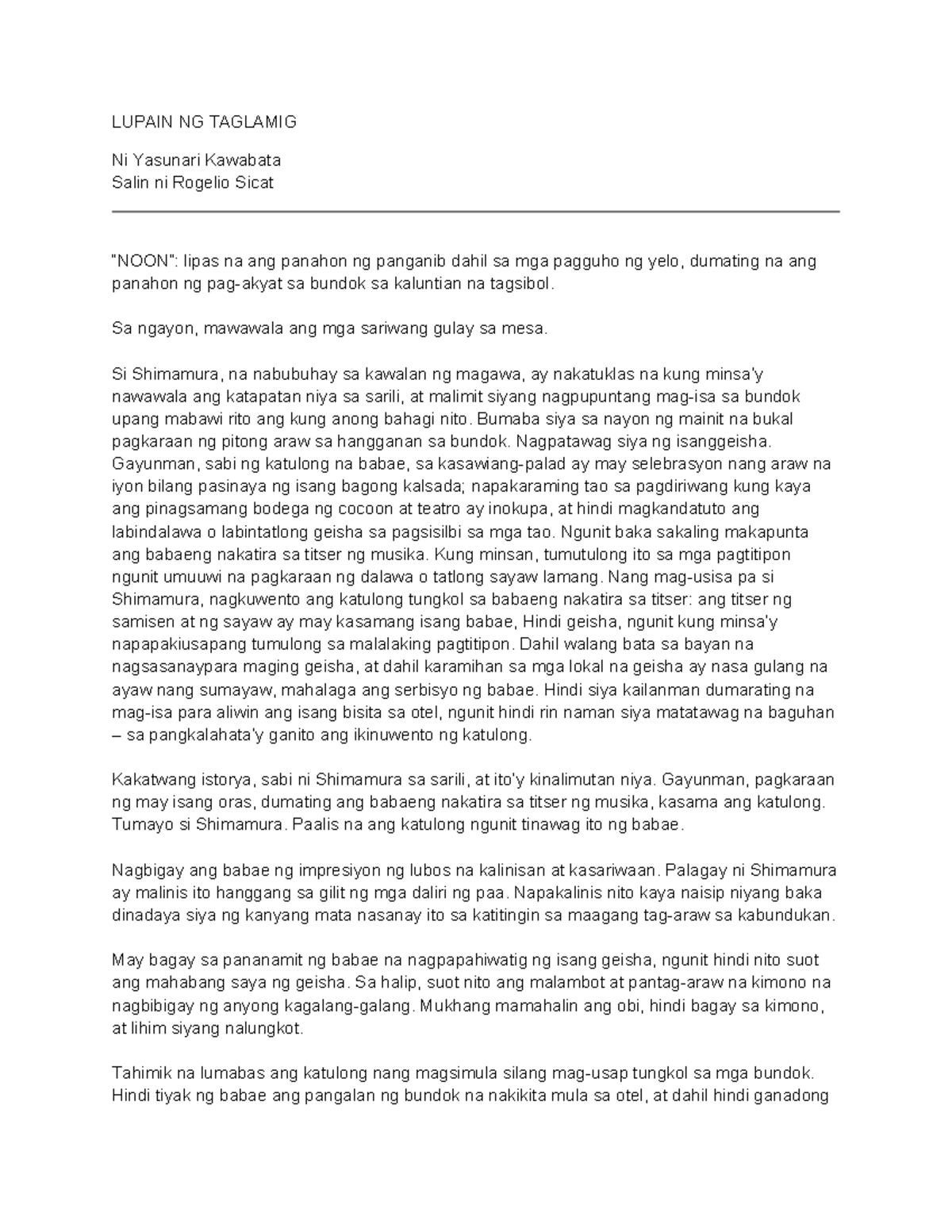 183229816 Lupain NG Taglamig docx - LUPAIN NG TAGLAMIG Ni Yasunari ...