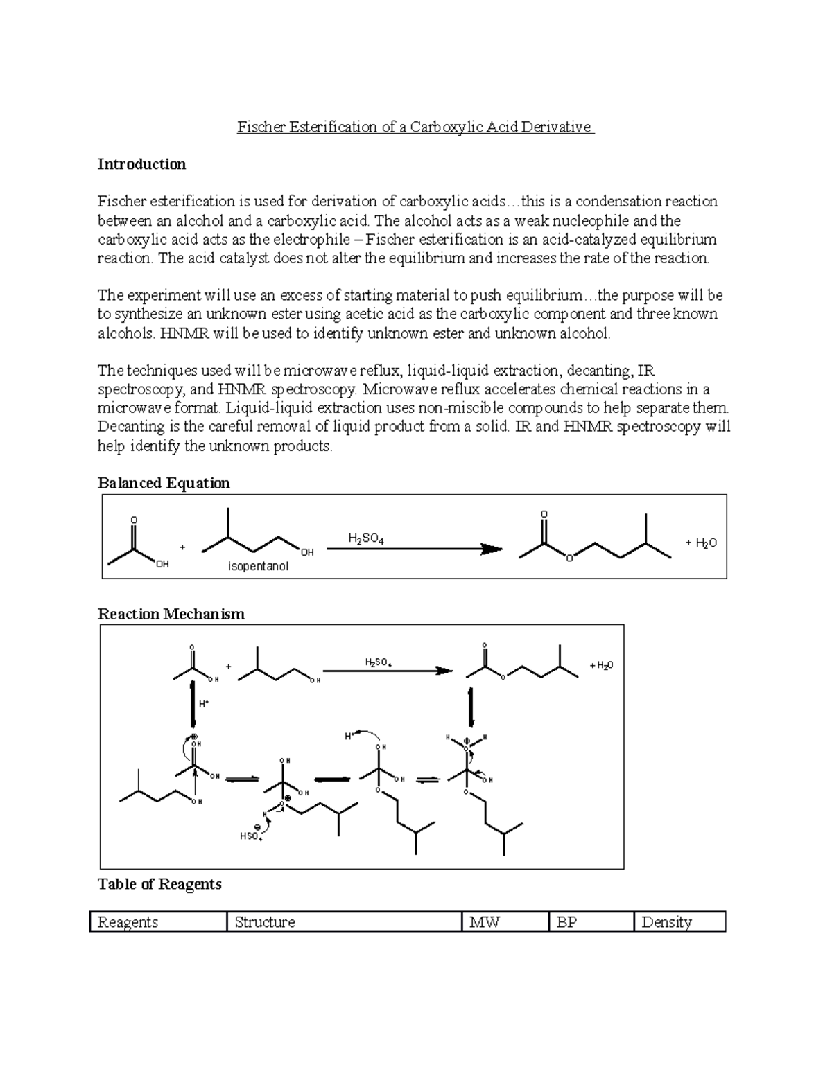 Lab 5 - lab 5 - esterification - Fischer Esterification of a Carboxylic ...