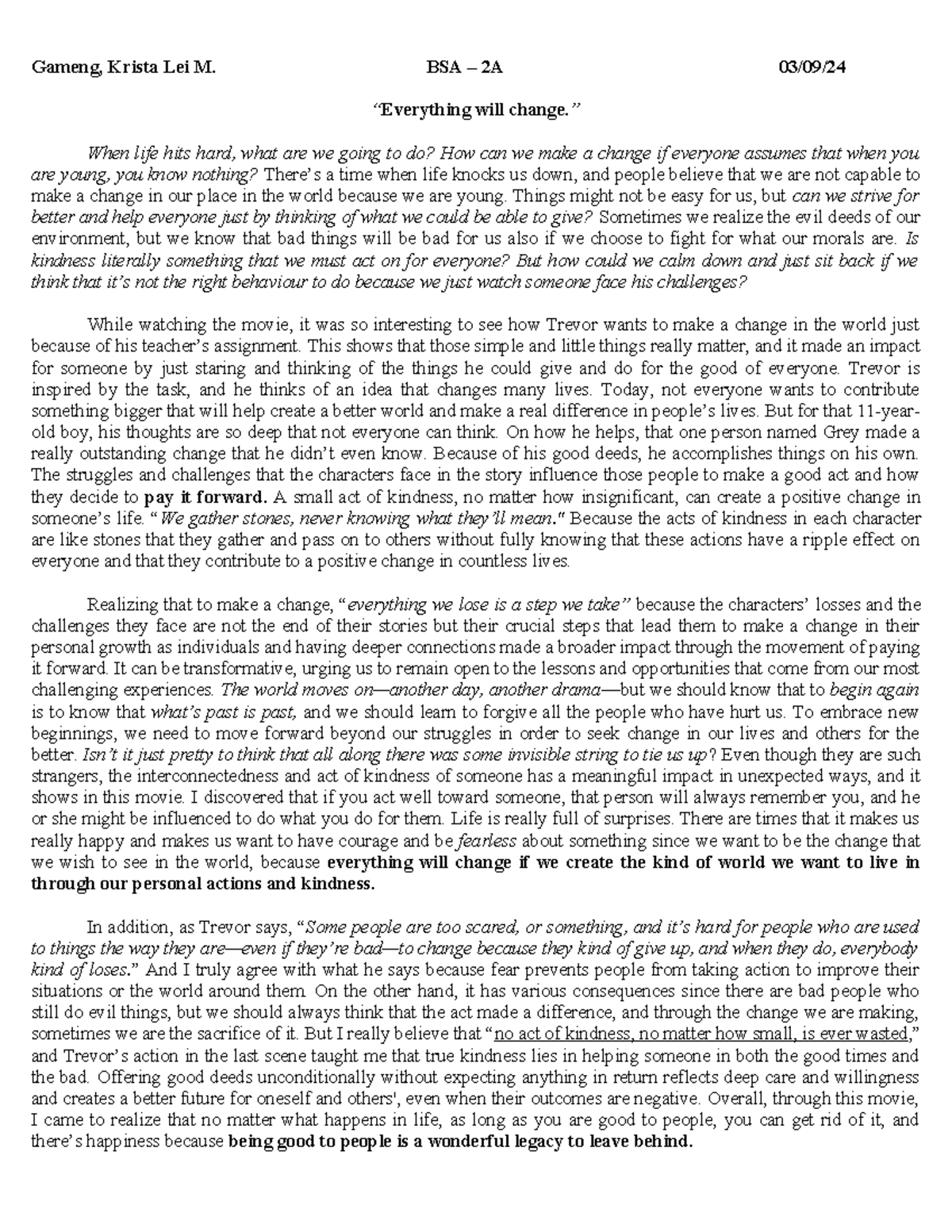 Ethics - PAY IT Forward Movie Reflection - Gameng, Krista Lei M. BSA ...