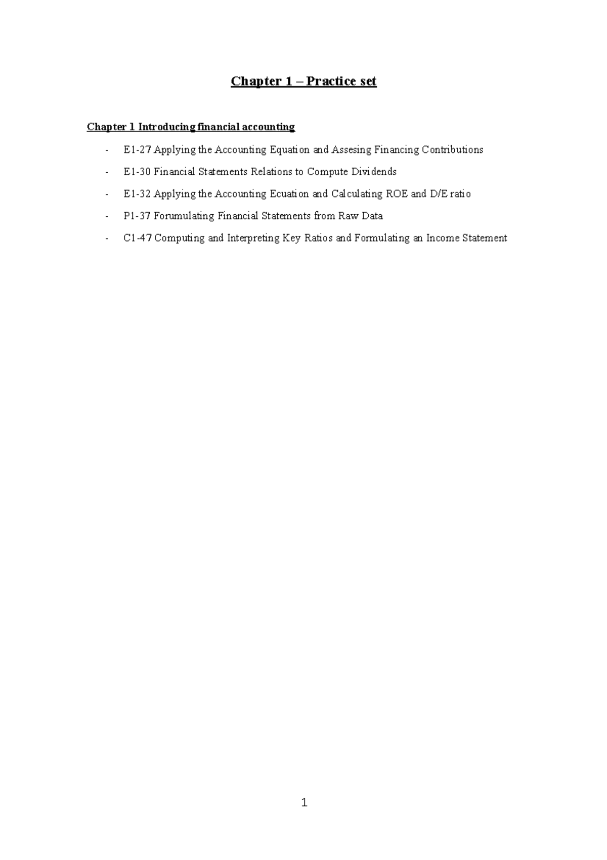 Ch 1 exercises Introduction - Chapter 1 – Practice set Chapter 1 Introducing financial ...