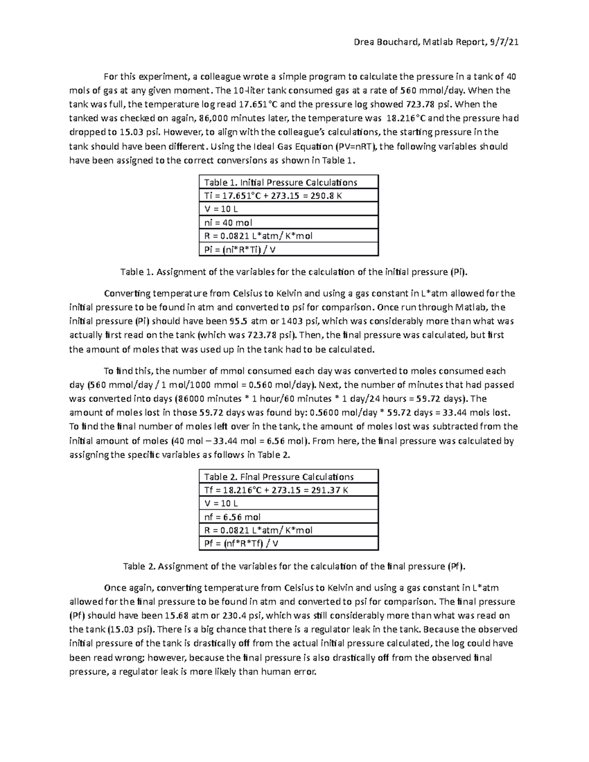 Matlab Report - All data was given and the answers were gathered using ...