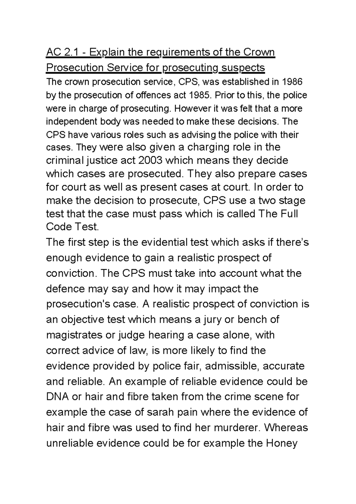 Unit 3 AC 2.1 - Explain the requirements of the Crown Prosecution ...