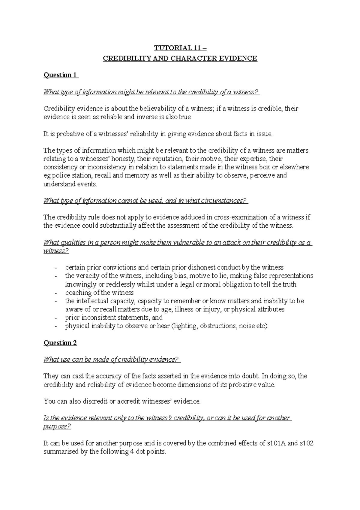 Tutorial 11 – credibility and character evidence - TUTORIAL 11 ...
