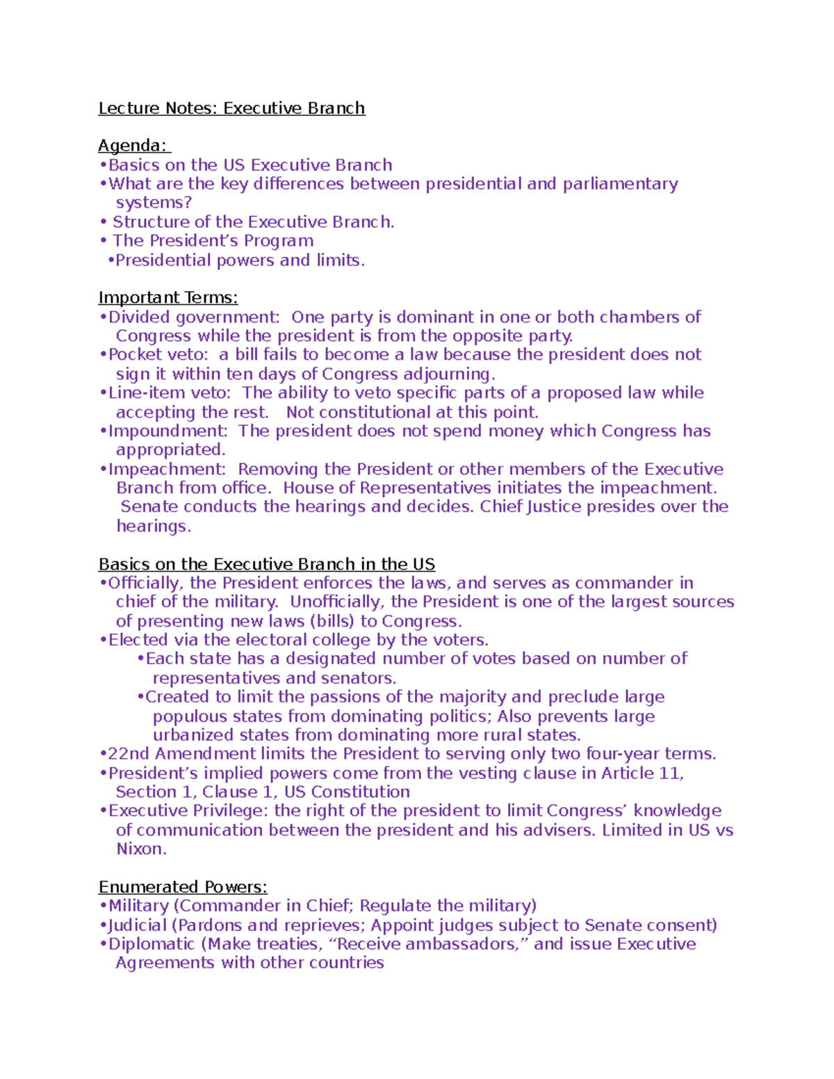 Lecture Notes - Executive Branch - Lecture Notes: Executive Branch ...