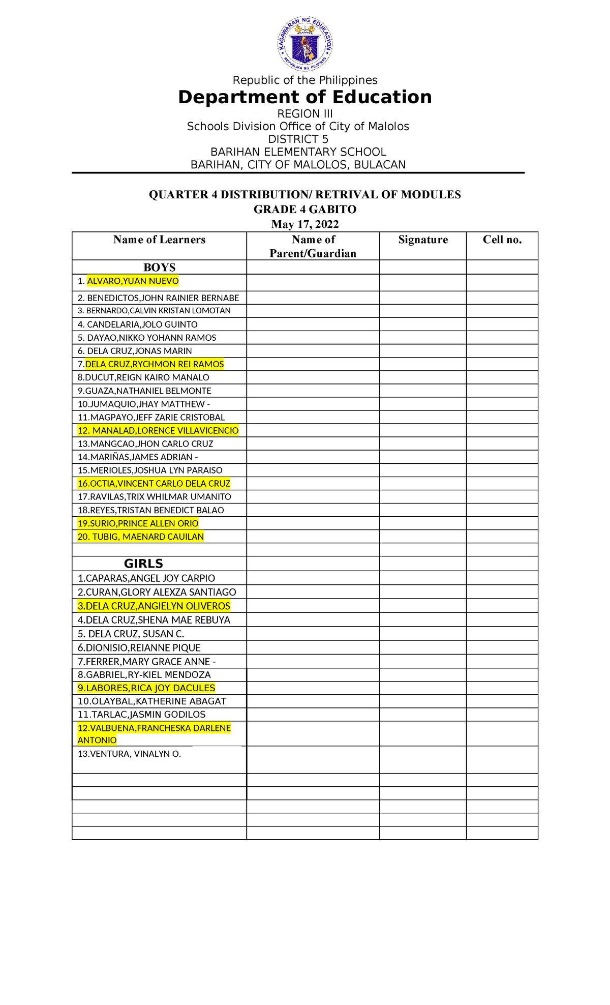 Grades of grade 3 - Republic of the Philippines Department of Education ...